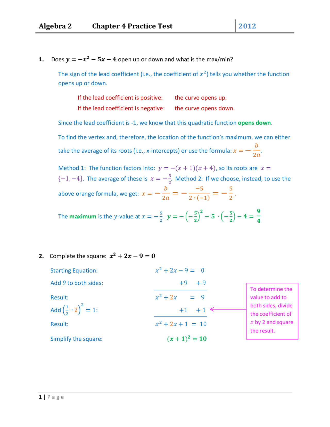 Algebra 2 Chapter 4 Practice Test 2012 | Study notes Algebra | Docsity