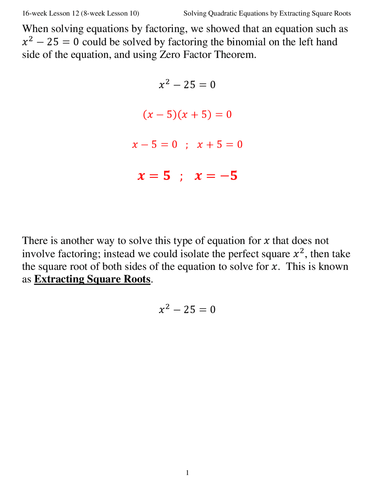 Solving Quadratic Equations By Extracting Square Roots Exams Algebra Docsity