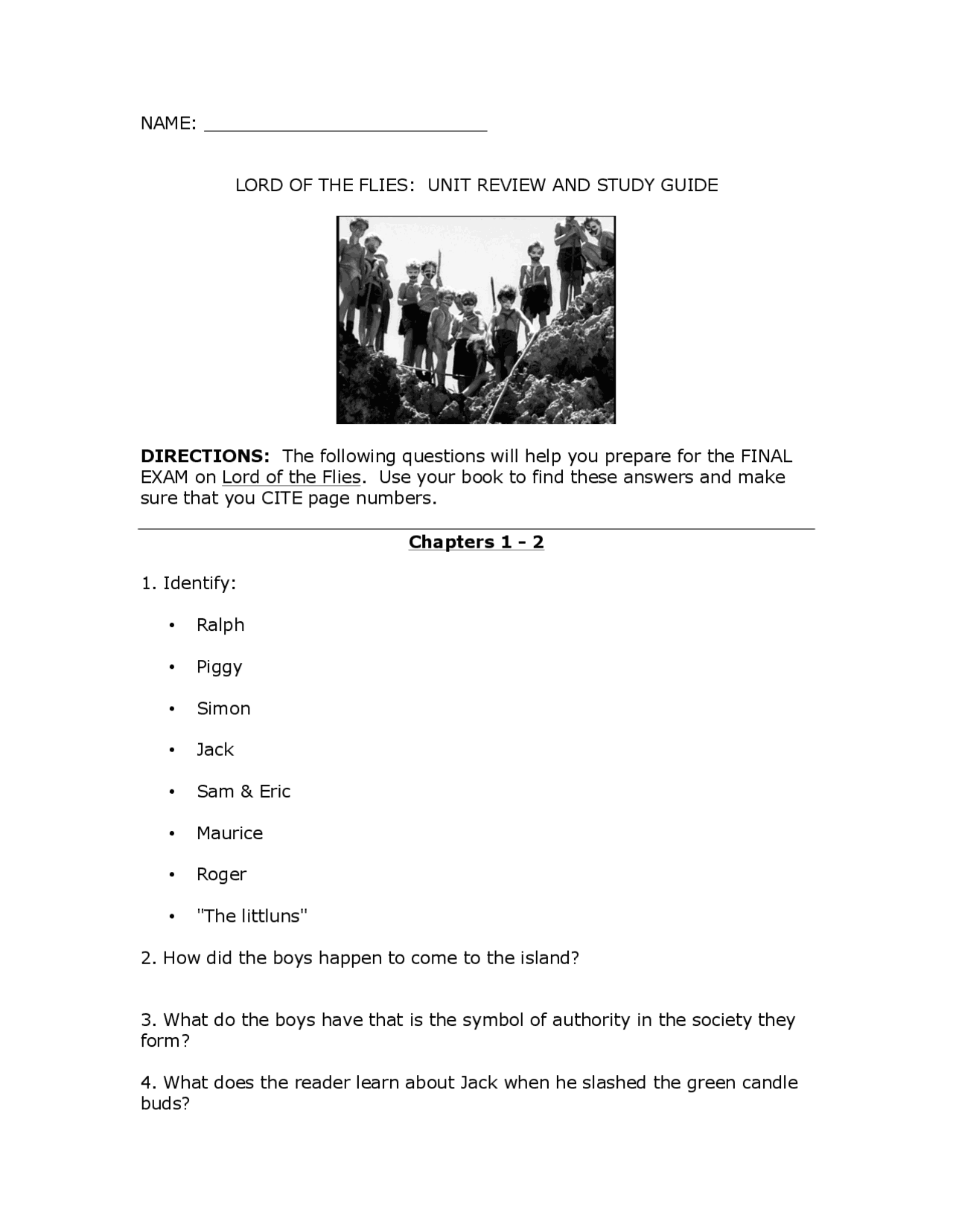 NAME: LORD OF THE FLIES | Study notes English Literature | Docsity
