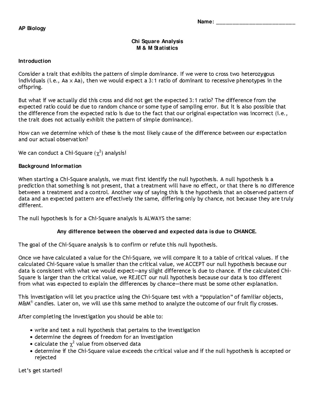 AP Biology Chi Square Analysis M & M Statistics Introduction ...