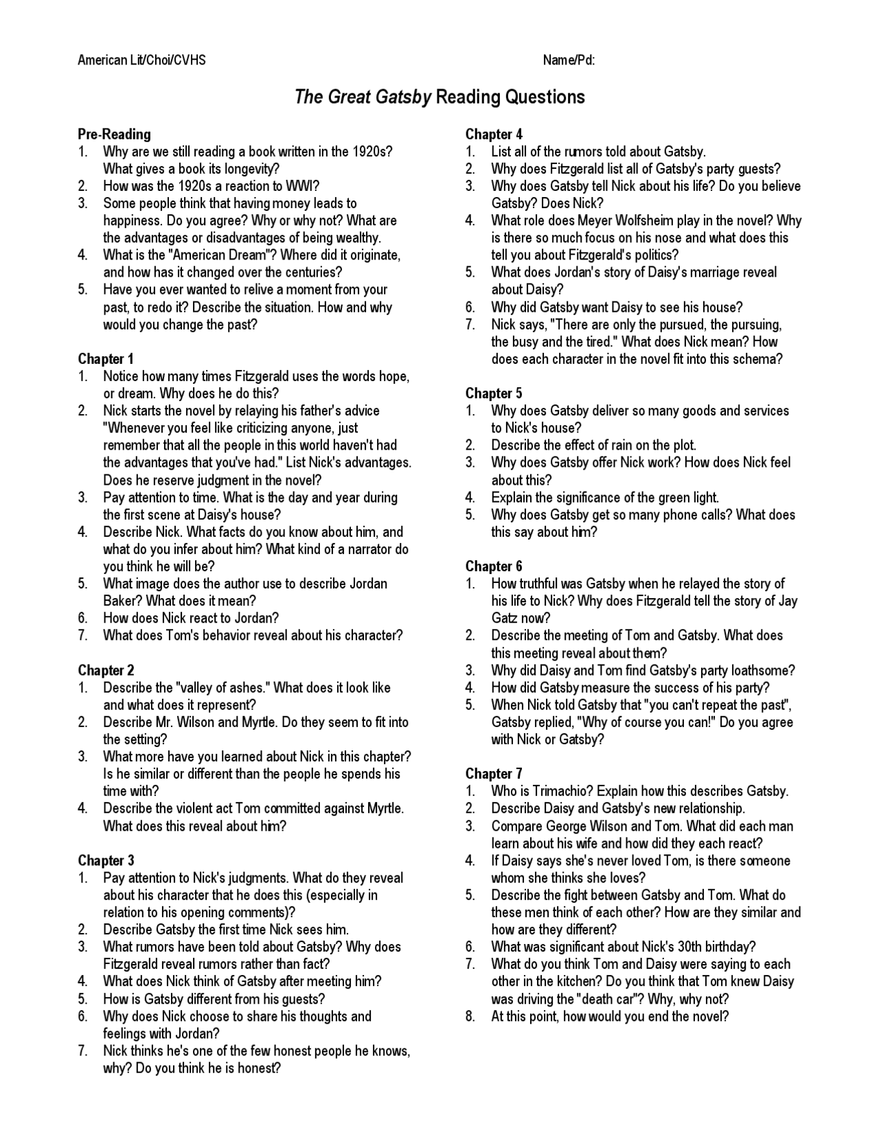 The Great Gatsby Reading Questions Lecture Notes English Literature