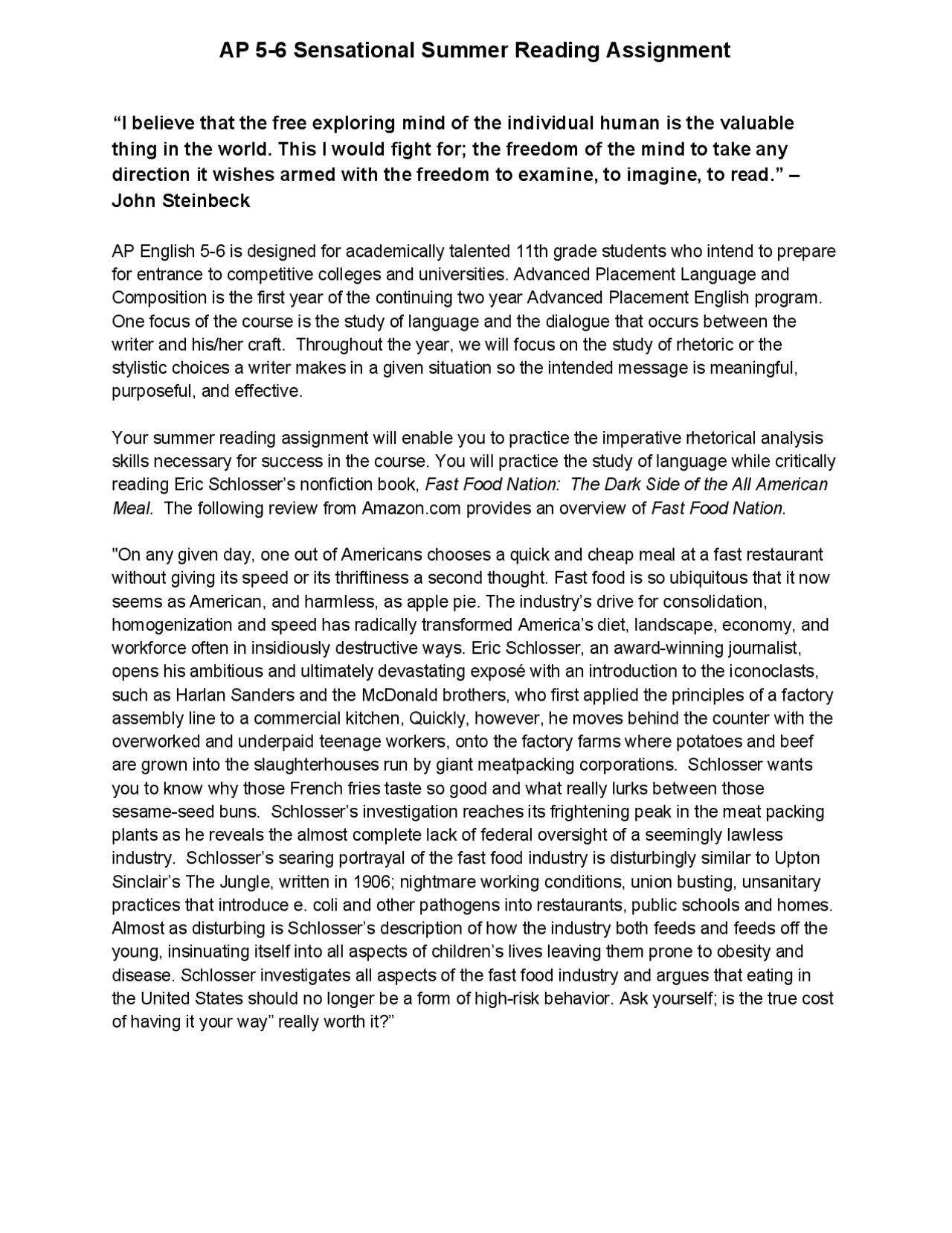 English 5-6 AP Summer Reading | Exercises English - Docsity