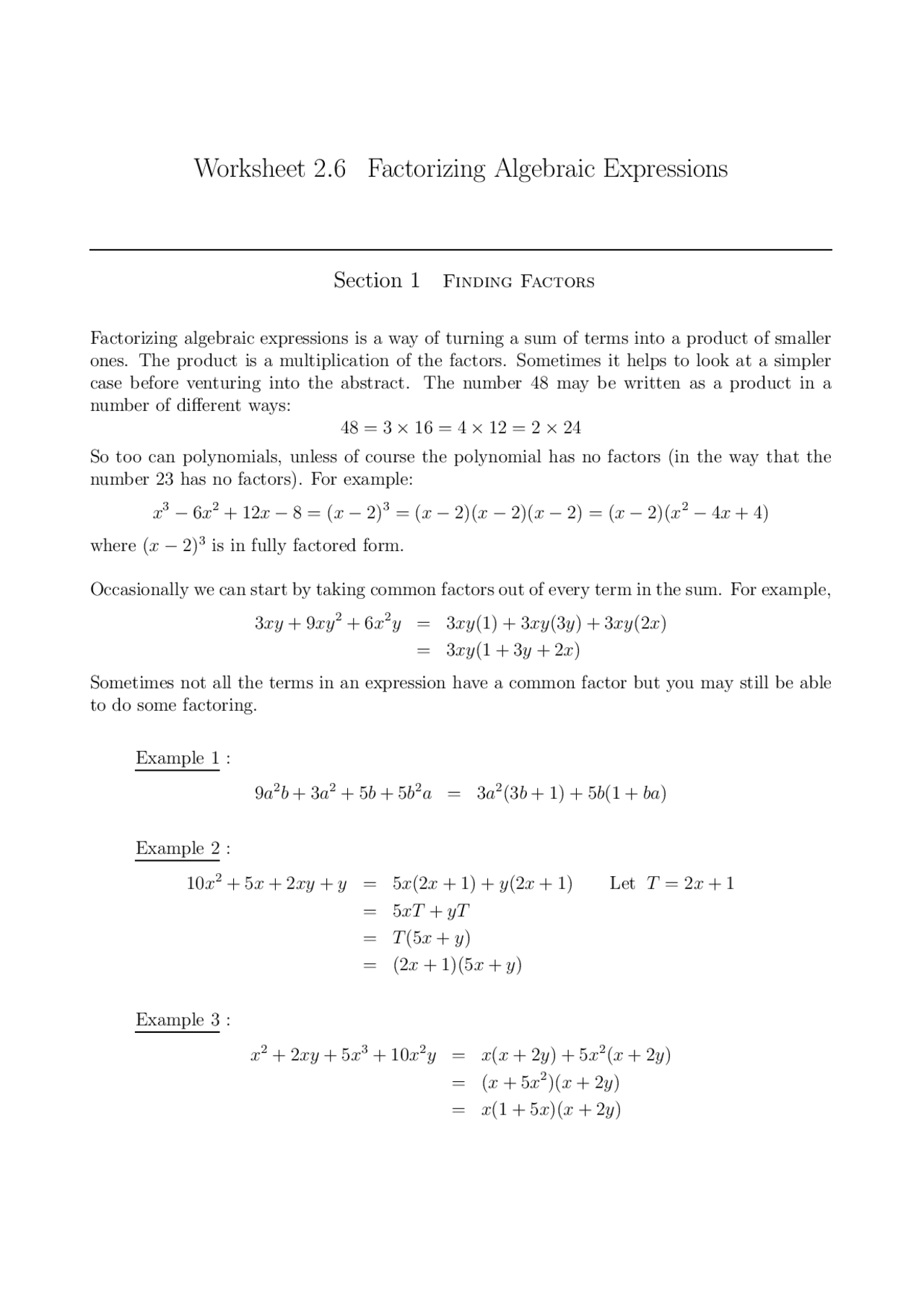 Worksheet 2.6 Factorizing Algebraic Expressions | Study notes Algebra ...