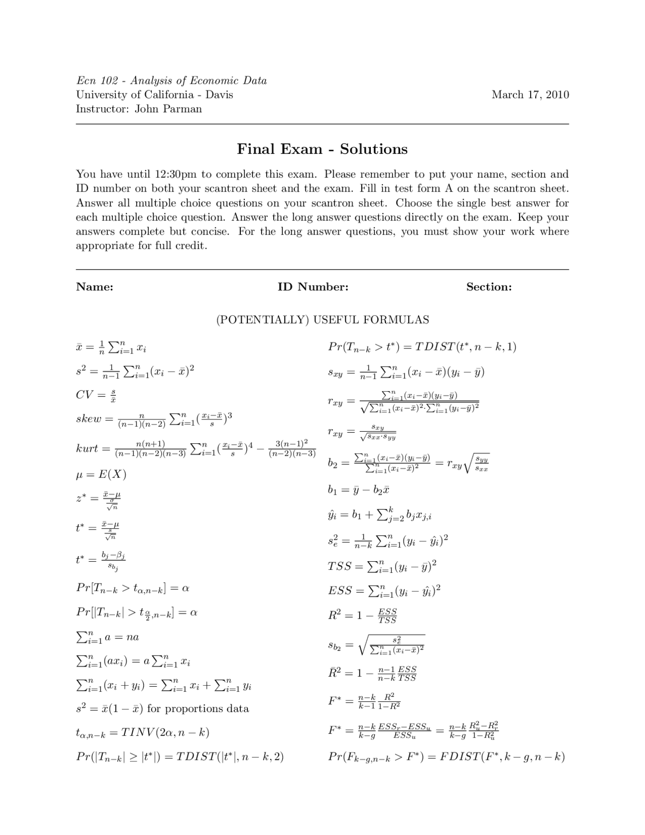 Final Exam Solutions Lecture Notes Economics Docsity