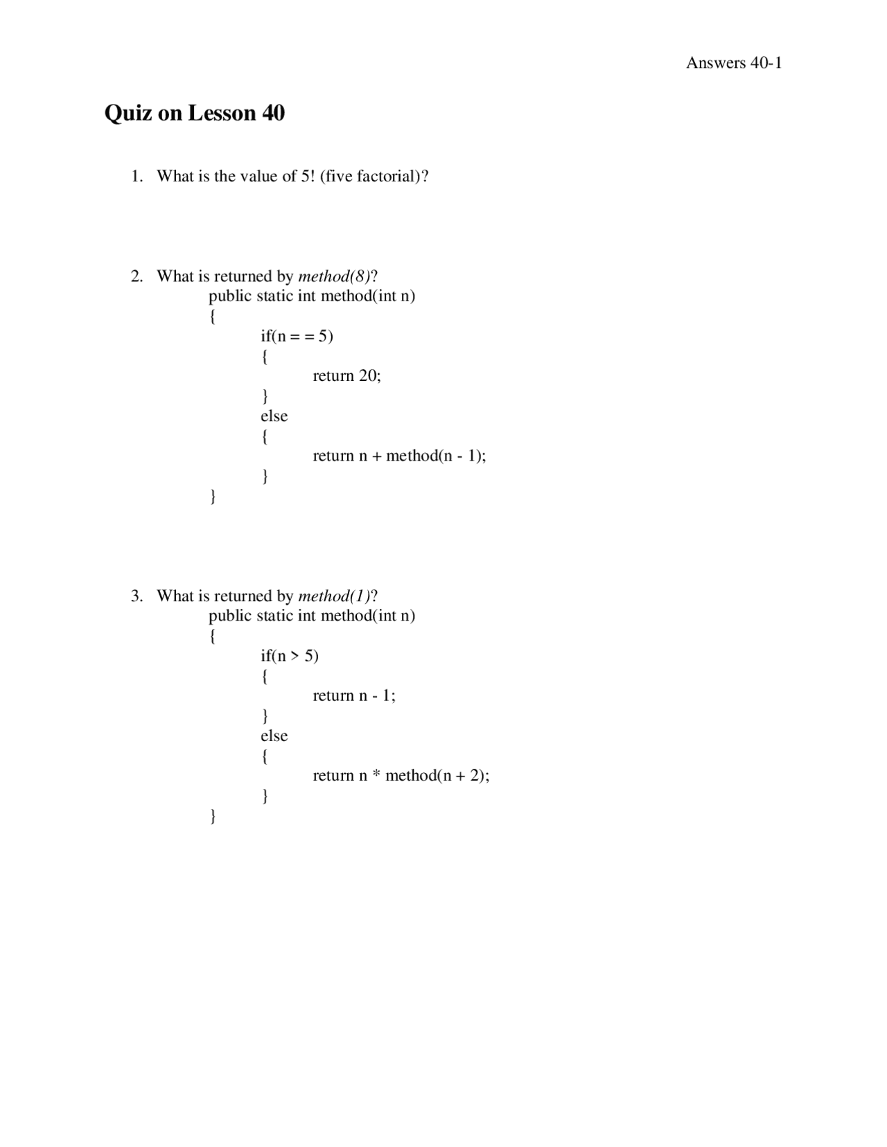 Quiz On Lesson 40 Lecture Notes Computer Programming Docsity
