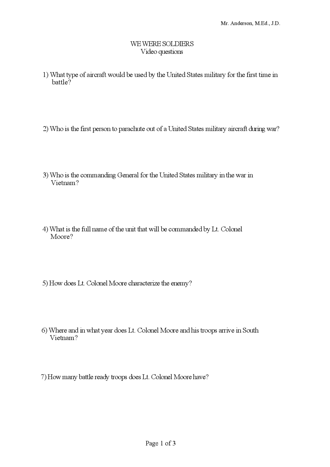 we were soldiers | Exercises United States History | Docsity