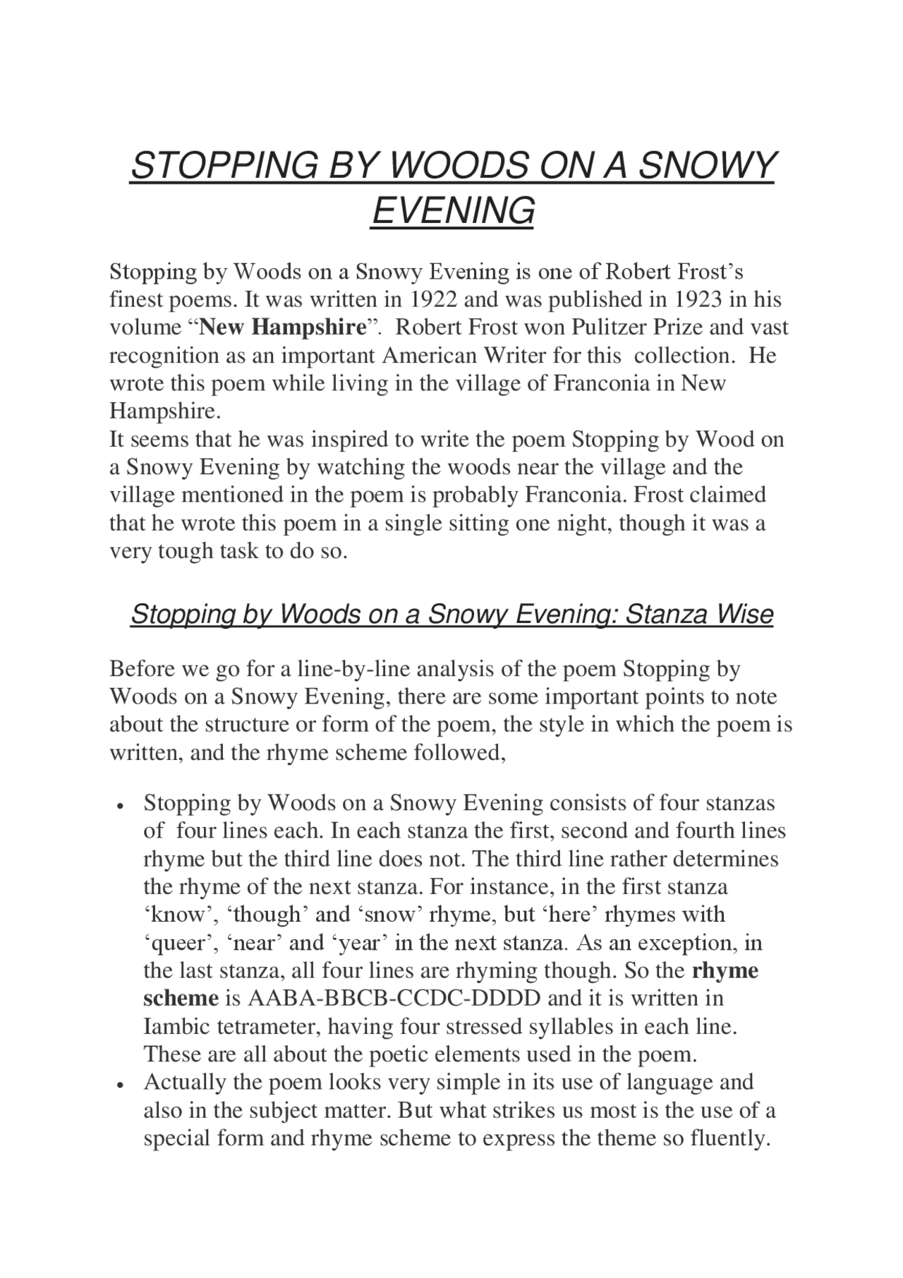 Stopping By Woods Poem Explanation | Sitedoct.org