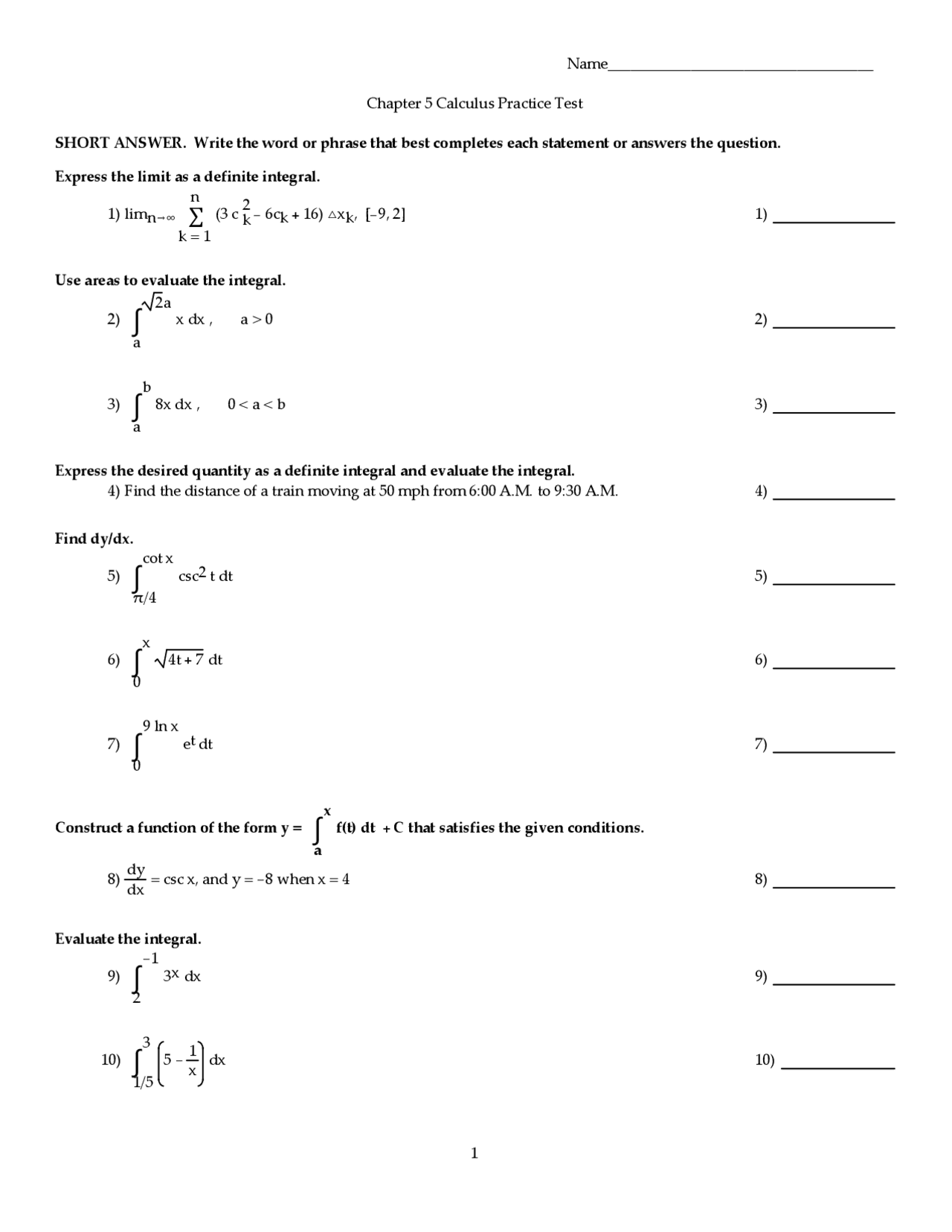 Chapter 5 Calculus Practice Test.tst | Lecture notes Calculus | Docsity