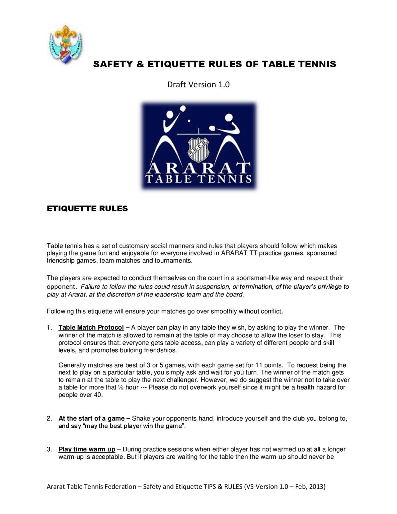 SAFETY & ETIQUETTE RULES OF TABLE TENNIS Draft ... | Slides Sport ...