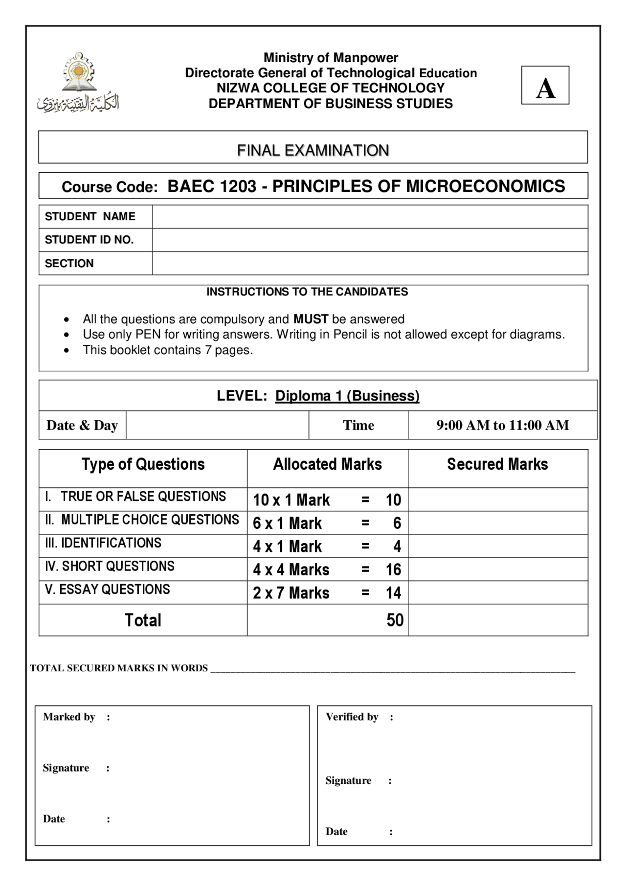 Model Final Exam - Microeconomics.pdf | Exercises Microeconomics | Docsity