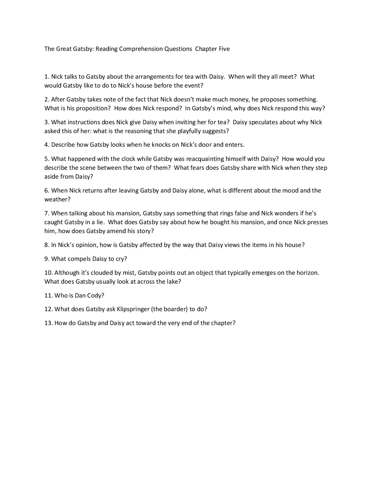 The Great Gatsby Ch 5 Discussion Questionspdf Schemes And Mind Maps