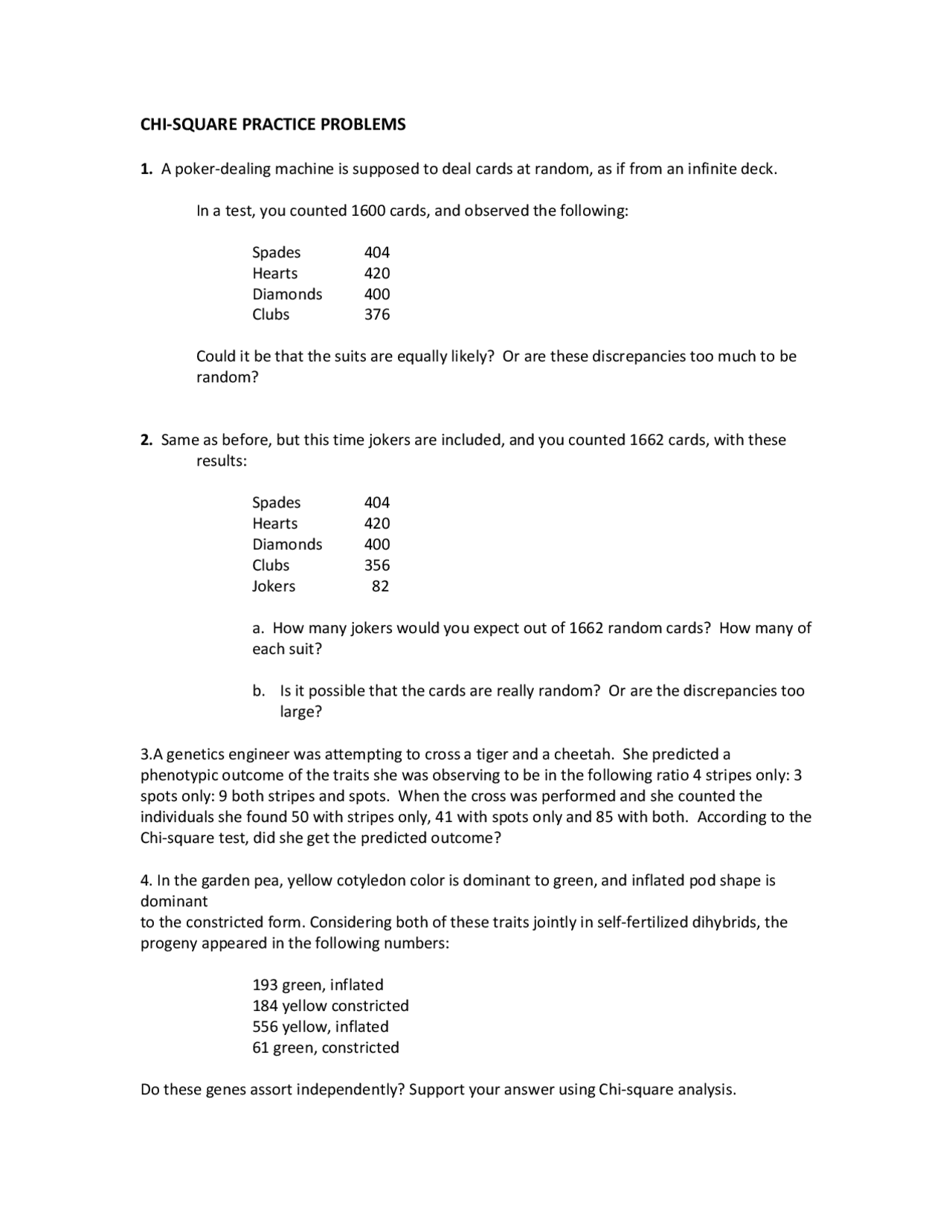 CHI-SQUARE PRACTICE PROBLEMS | Study notes Biology | Docsity
