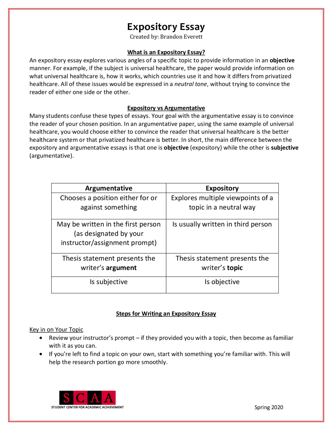 Expository Essay Handout_SP2020 | Study notes Technical English | Docsity