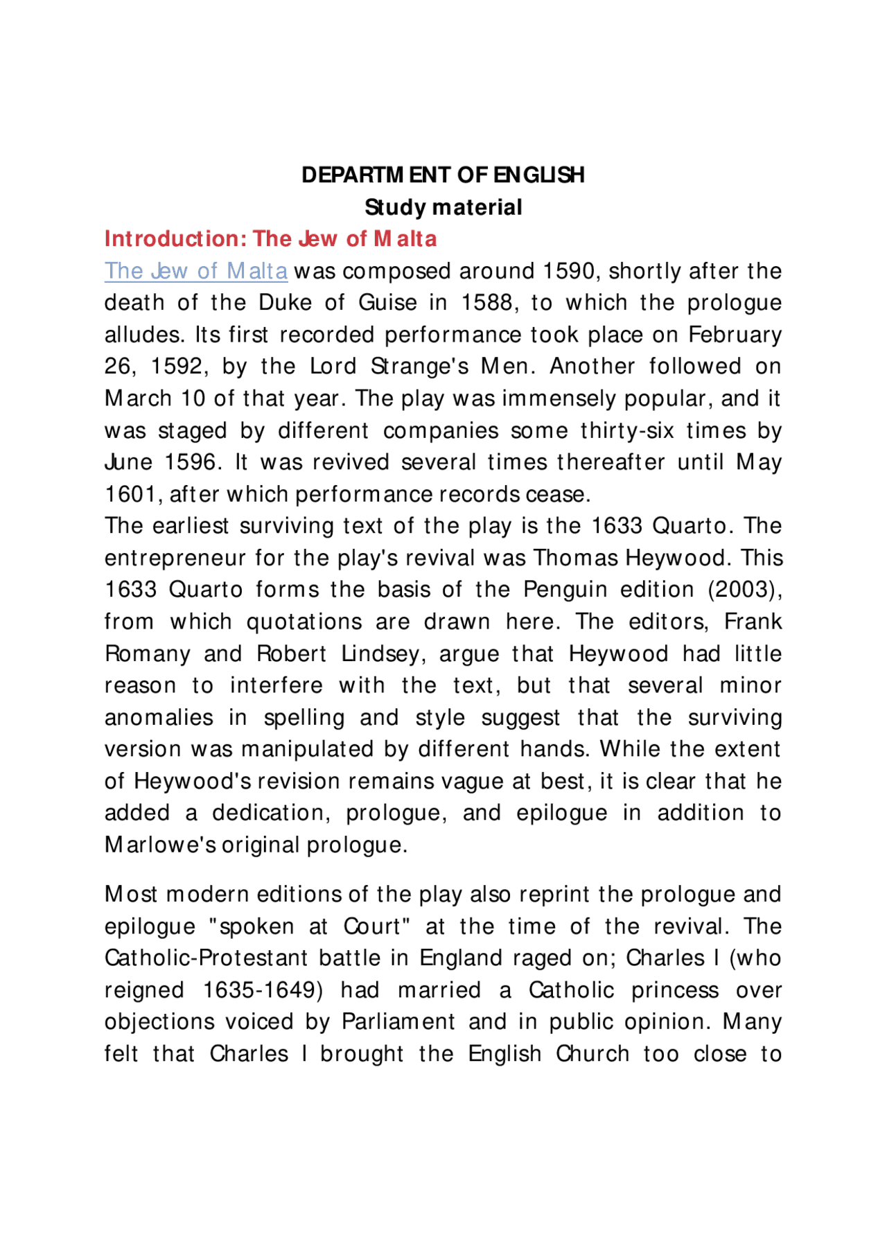 DEPARTMENT OF ENGLISH Study material | Summaries English | Docsity