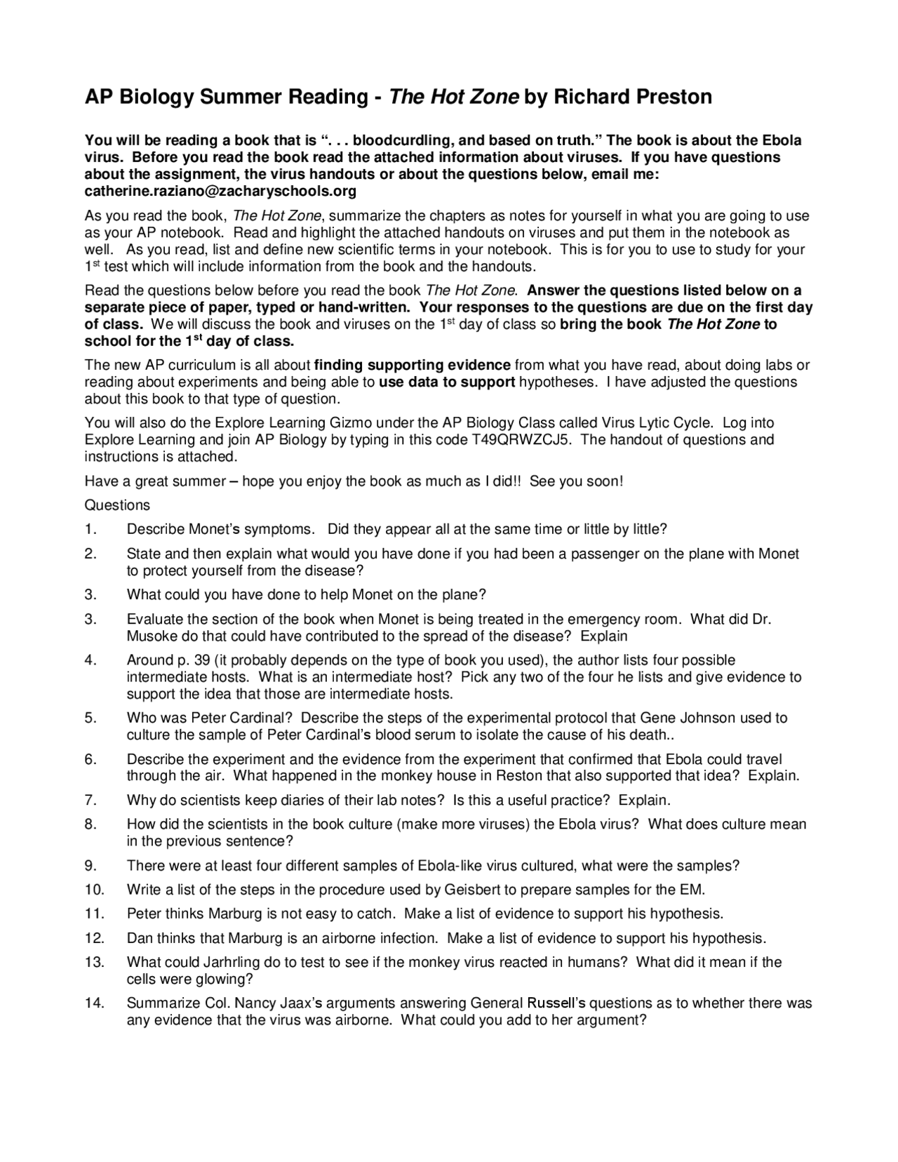 AP Biology Summer Reading: The Hot Zone - Virus Symptoms, Transmission ...