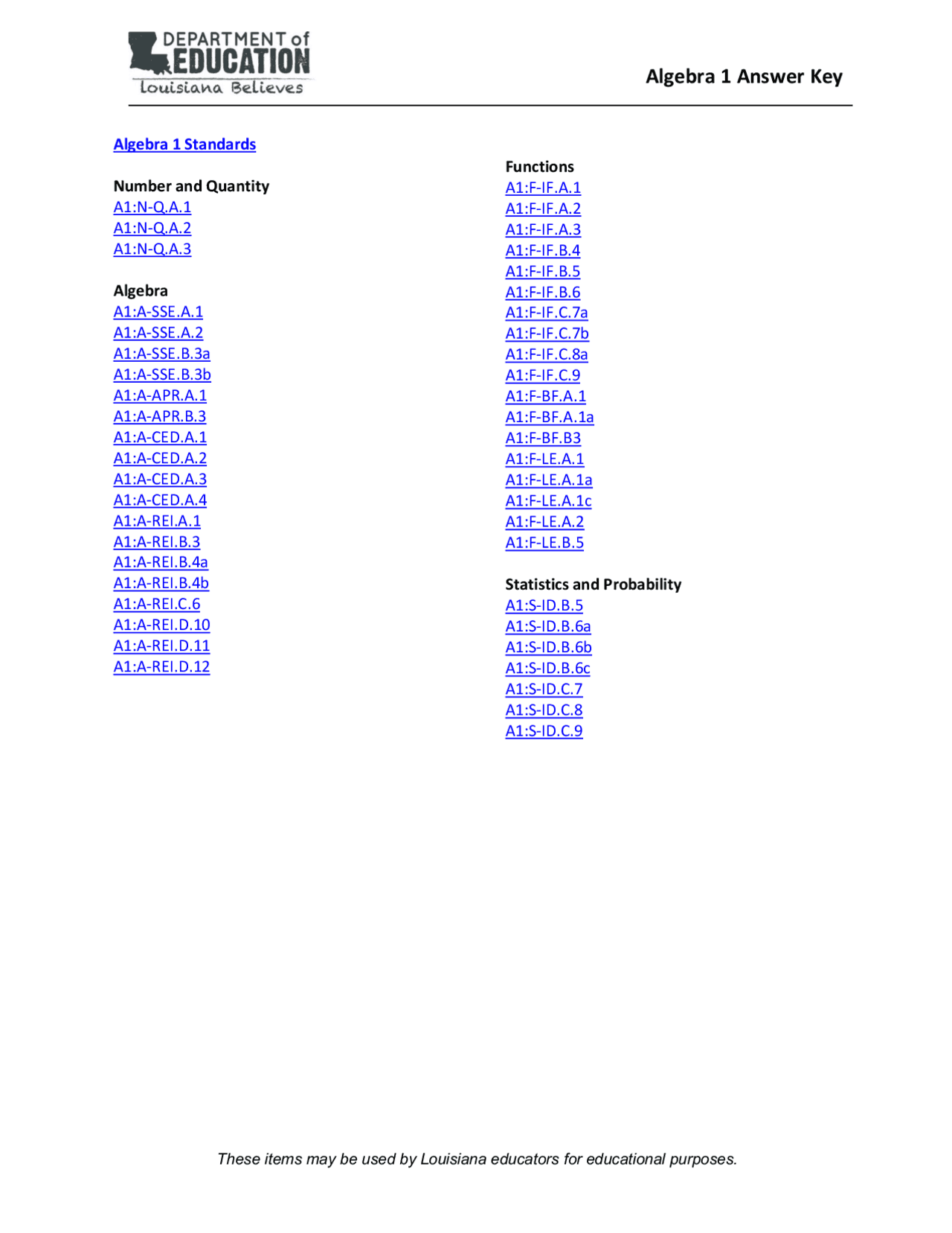 Algebra 1 Answer Key | Study notes Algebra | Docsity