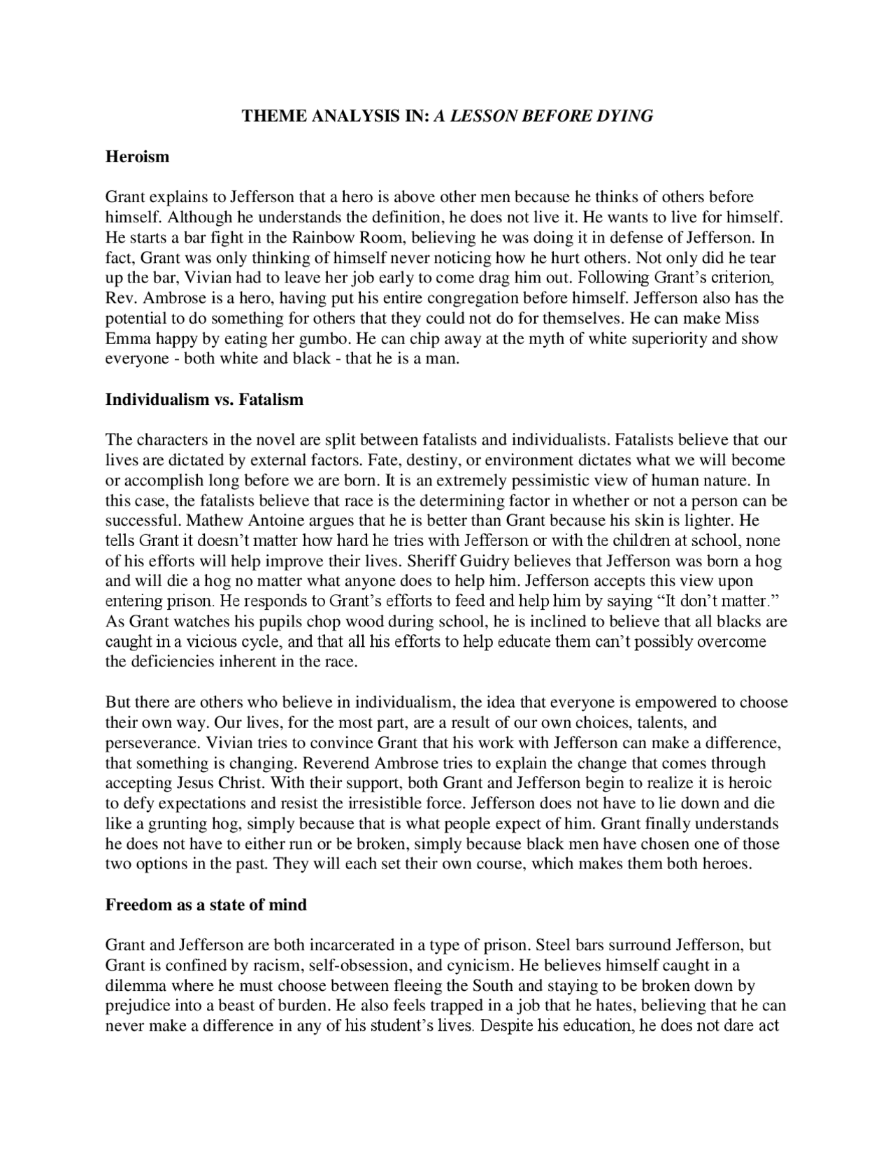 Theme analysis in: a lesson before dying | Exercises Religion | Docsity