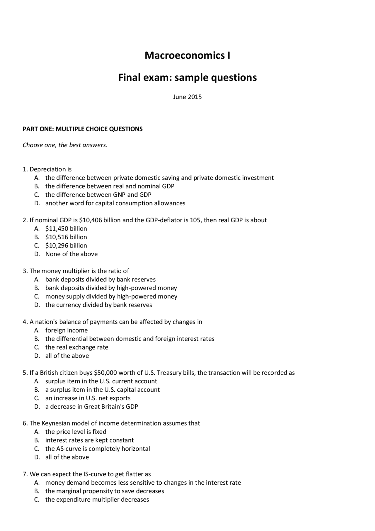 Macroeconomics I Final Exam Sample Questions Lecture Notes