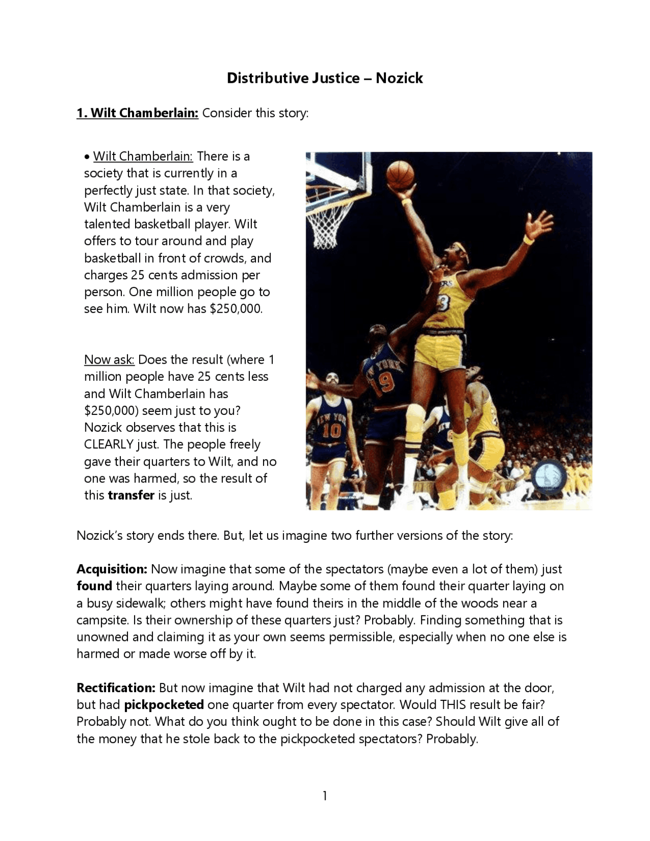 Nozick's Entitlement Theory: Wilt Chamberlain's Basketball and Transfer ...