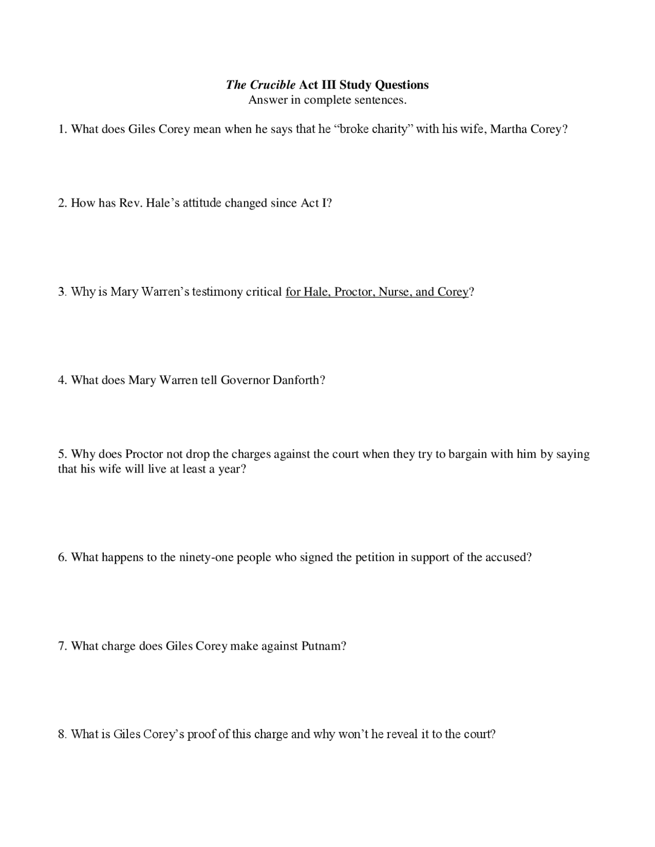 The Crucible Act III Study Questions | Slides English Literature - Docsity