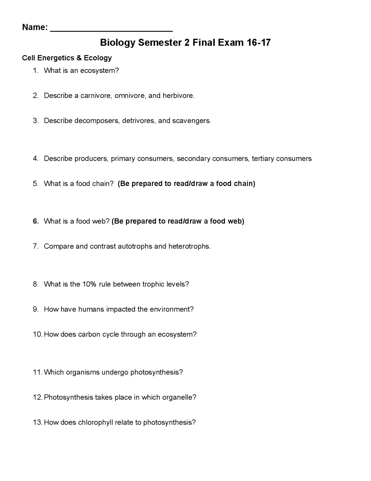 Sem 2 Final Exam Review Guide 16-17 | Exams Biology | Docsity