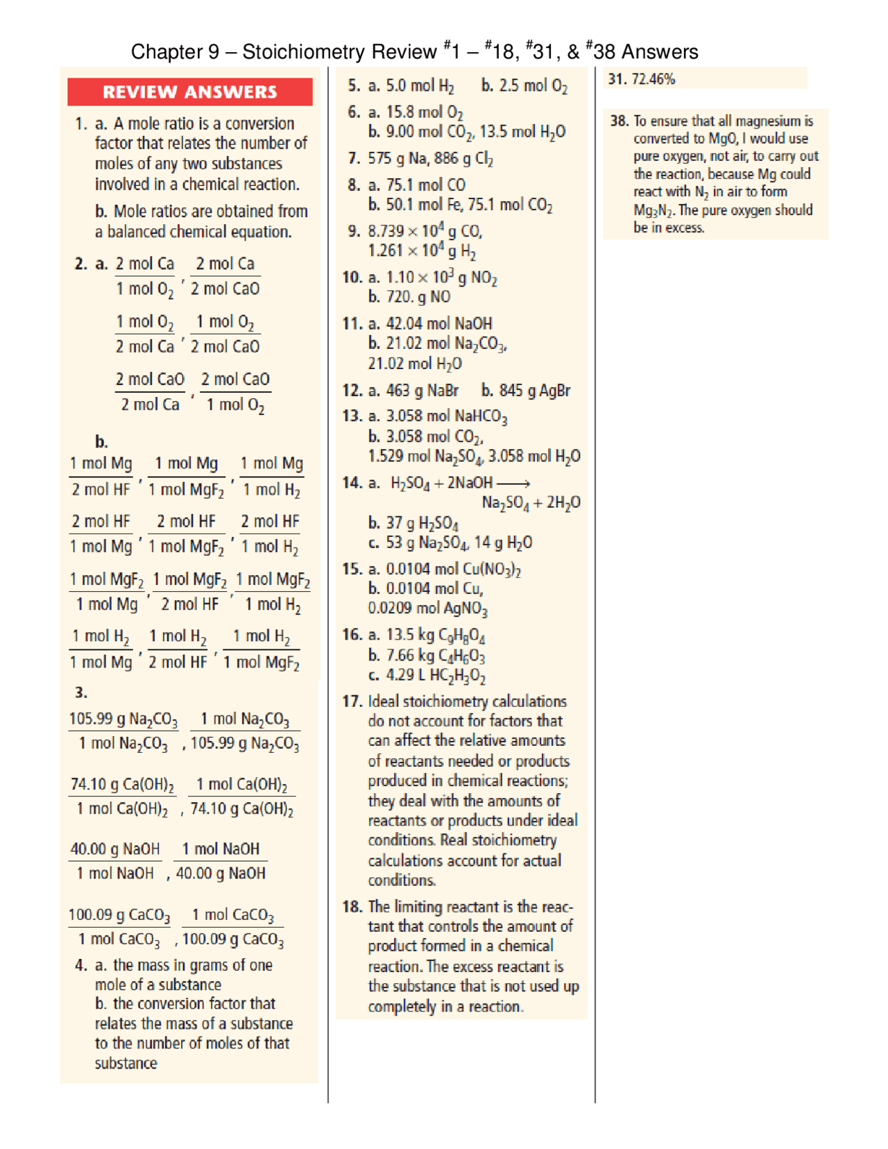 Chapter 9 – Stoichiometry Review 1 – 18, 31, & 38 Answers | Summaries ...