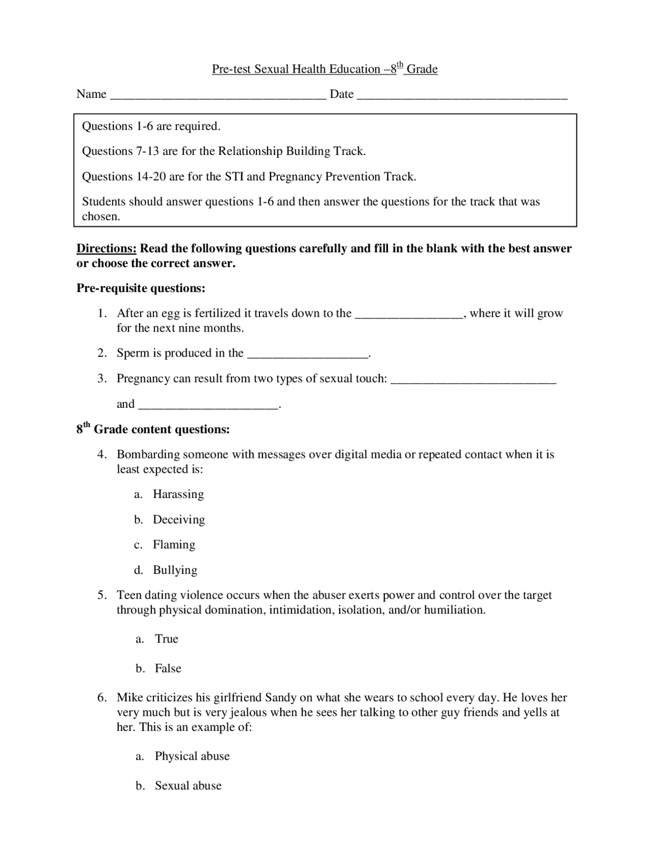 Pre-test Sexual Health Education –8 Name | Lecture notes Decision ...