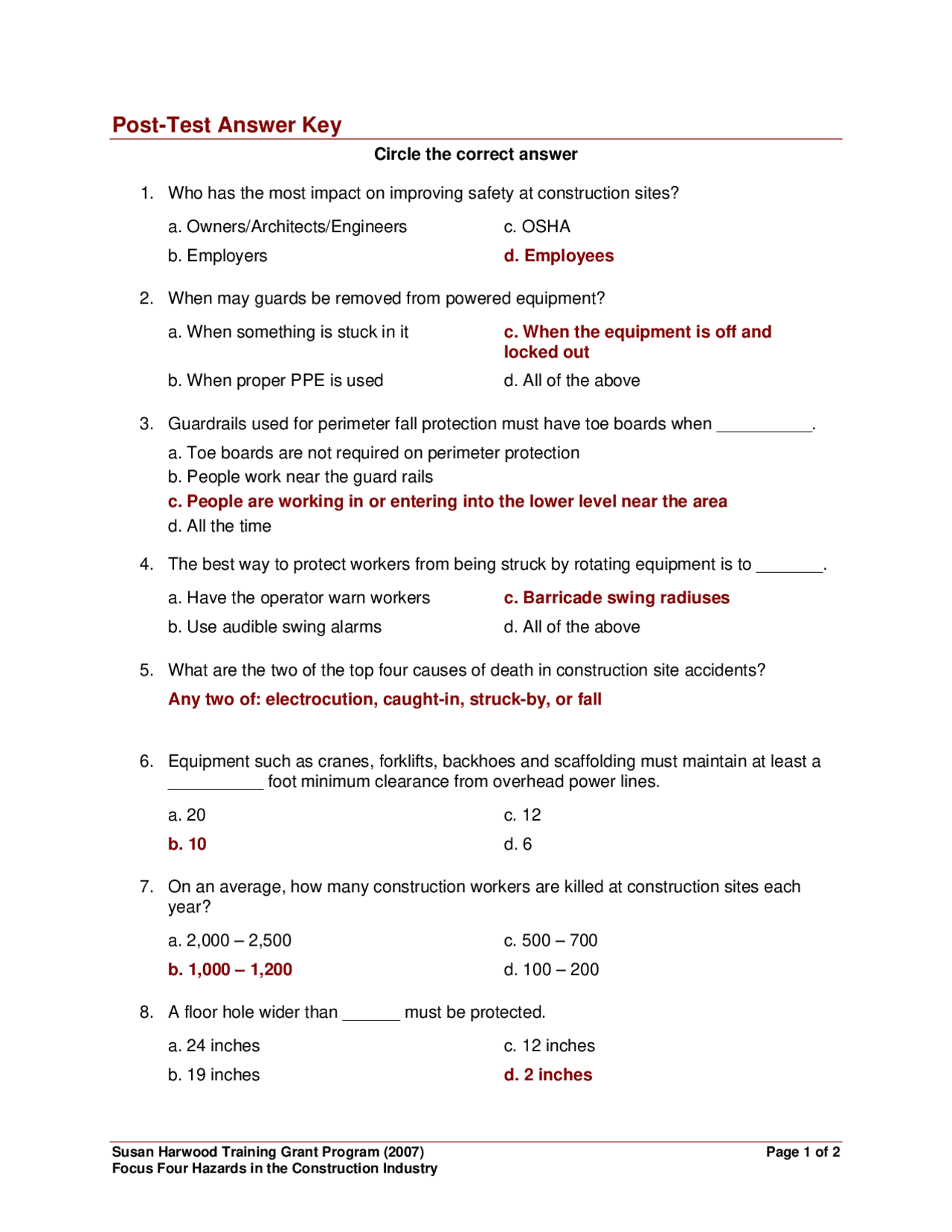 Post-Test Answer Key | Lecture notes Construction | Docsity