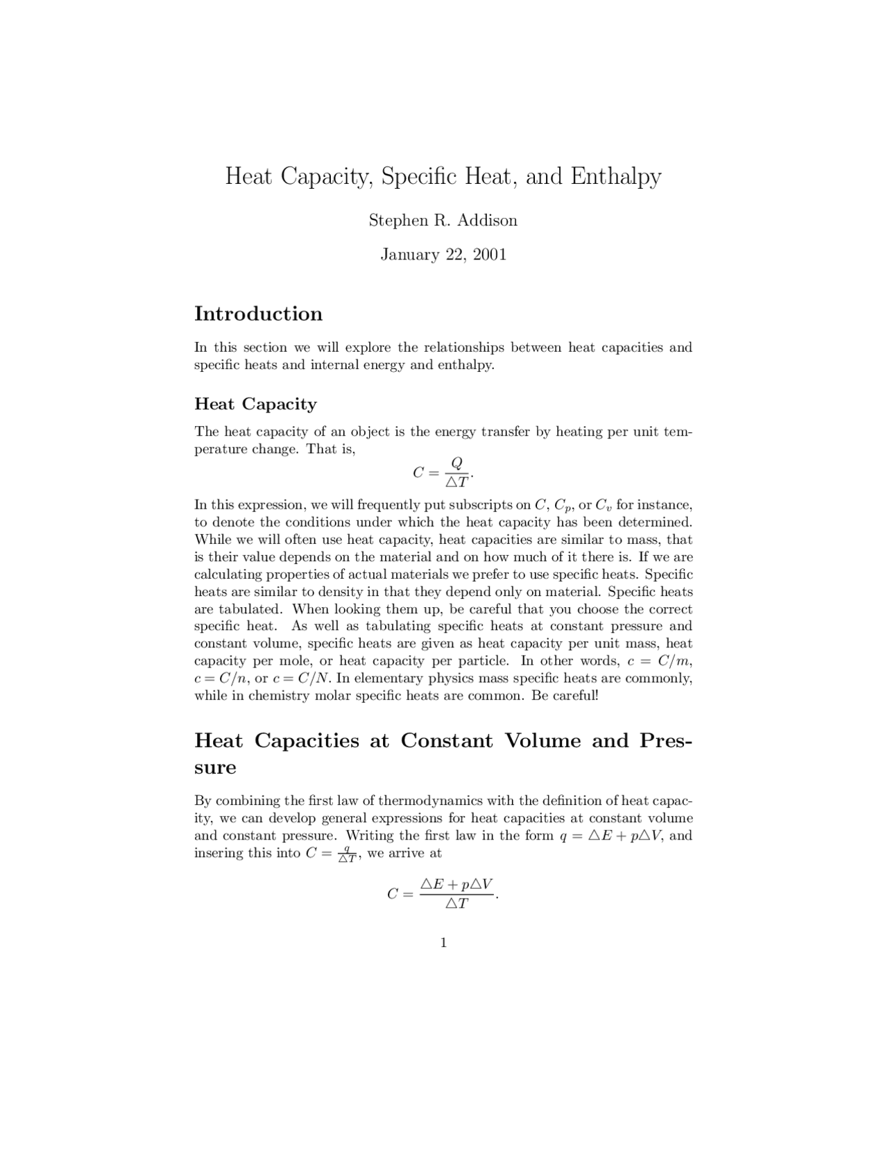 Heat Capacity, Specific Heat, and Enthalpy | Lecture notes Law | Docsity