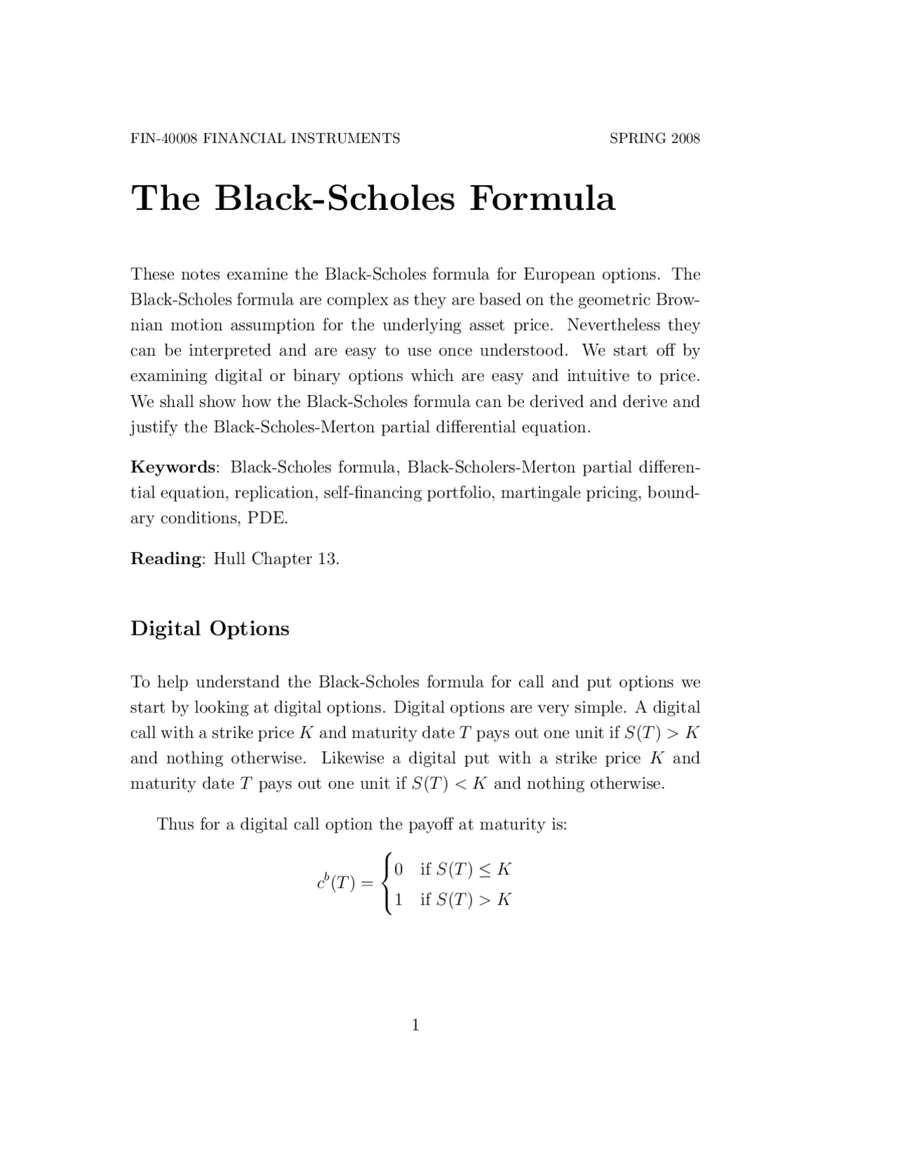 The Black-Scholes Formula | Lecture notes Construction | Docsity