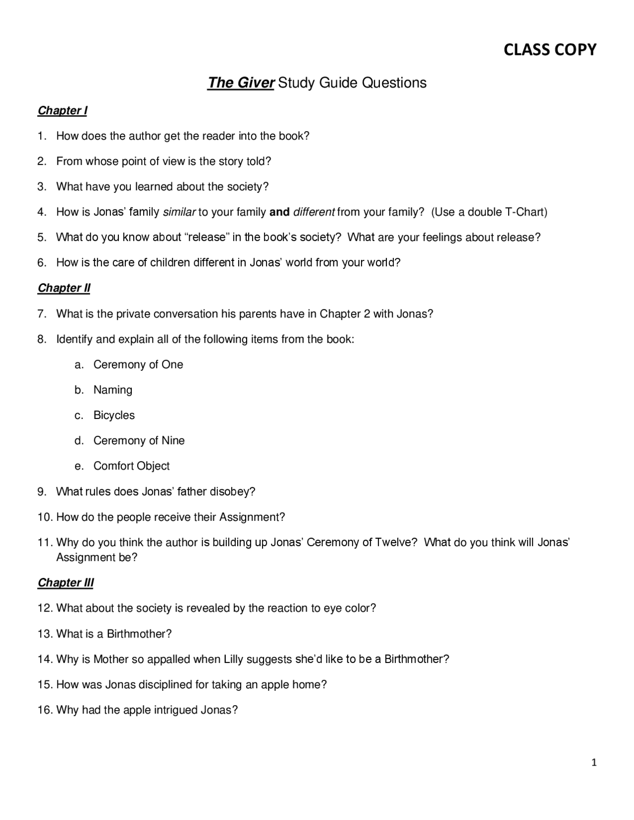 The Giver Study Guide Questions | Study notes English Literature - Docsity