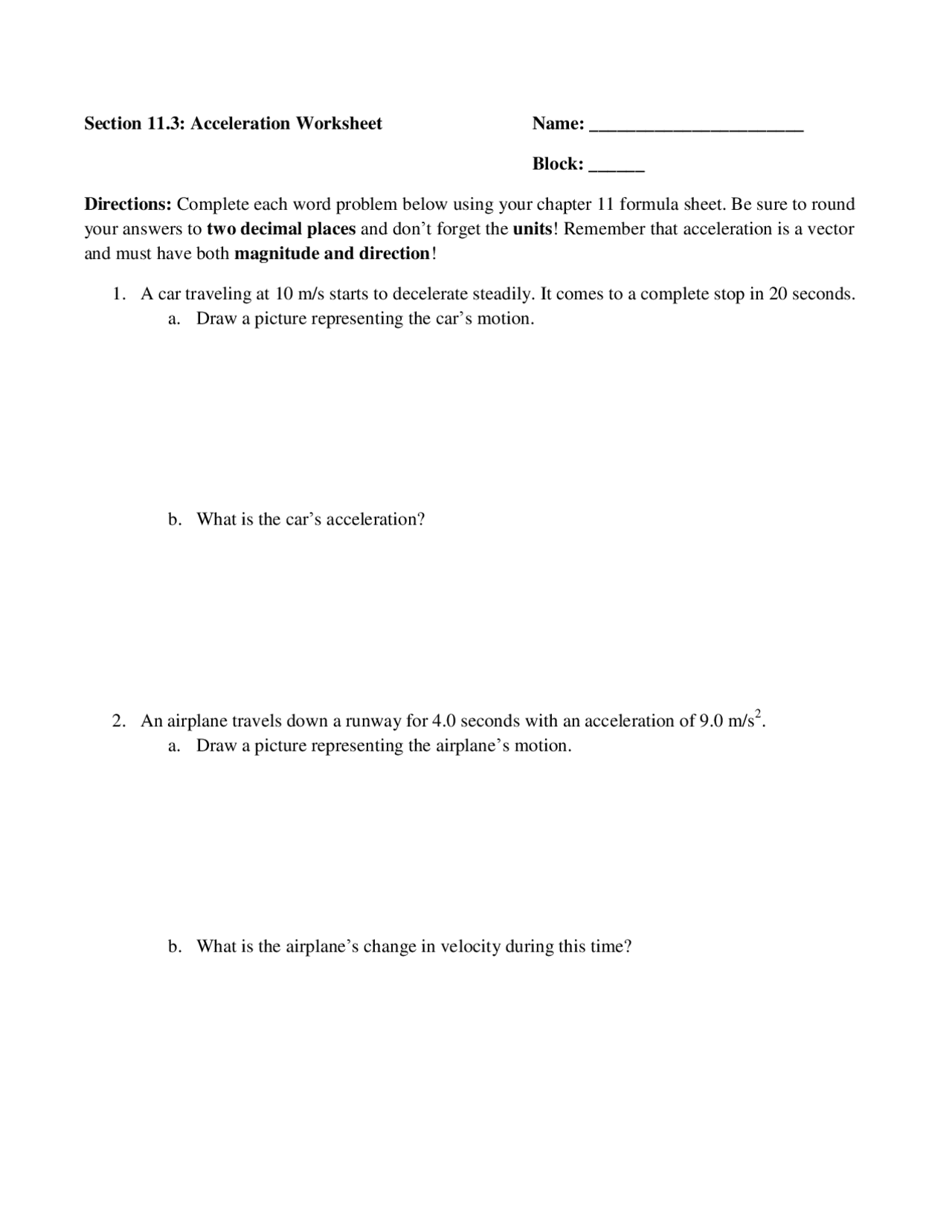 Section 11.3: Acceleration Worksheet Name | Study notes Advanced ...
