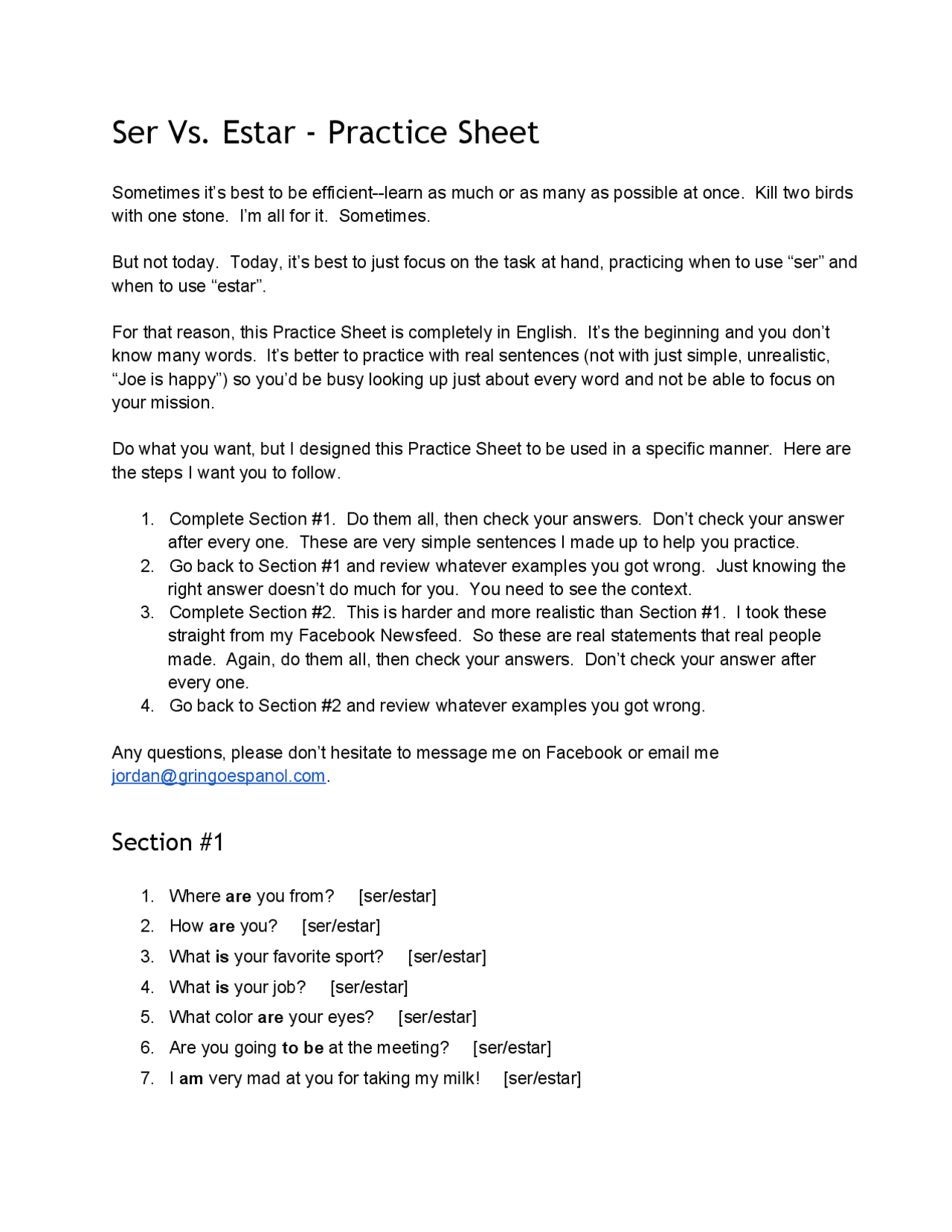 Ser Vs. Estar - Practice Sheet | Study notes English | Docsity