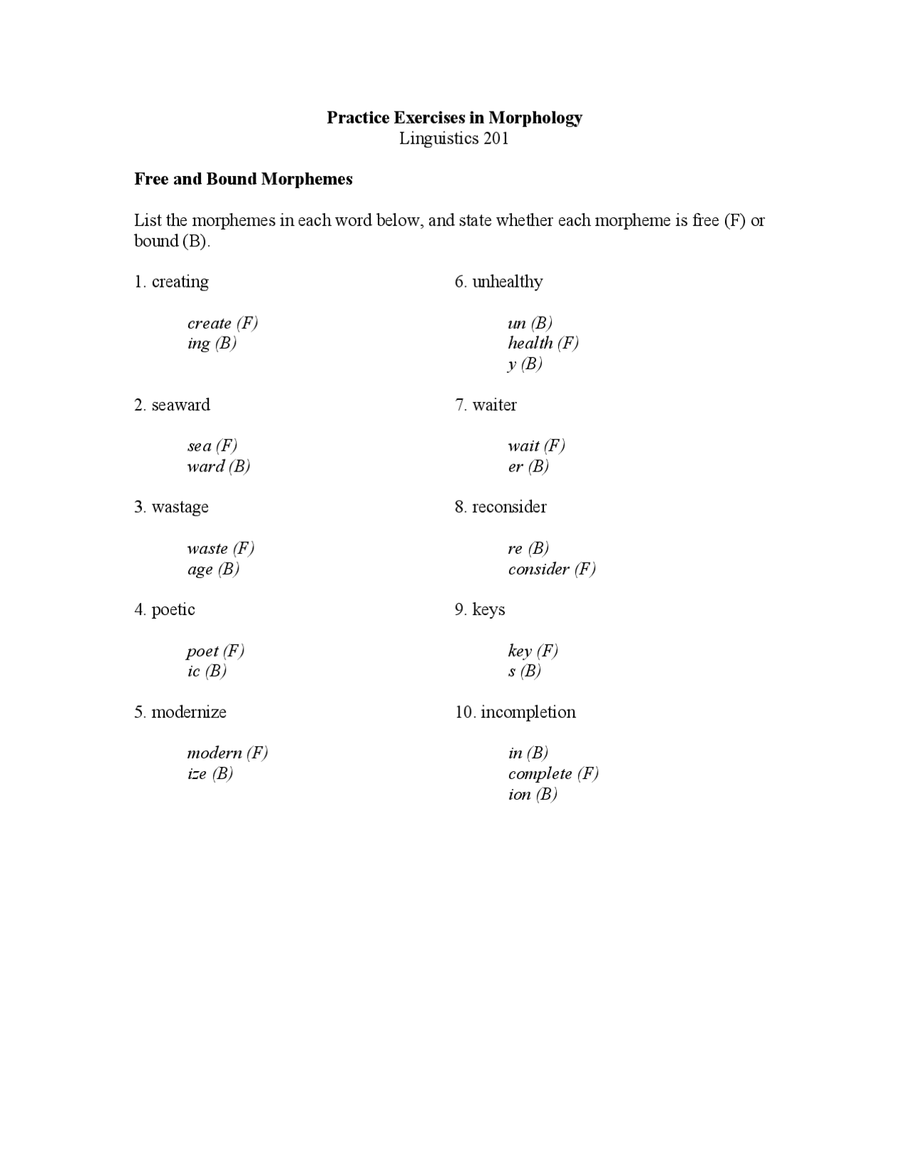 Practice Exercises in Morphology | Study notes Linguistics | Docsity