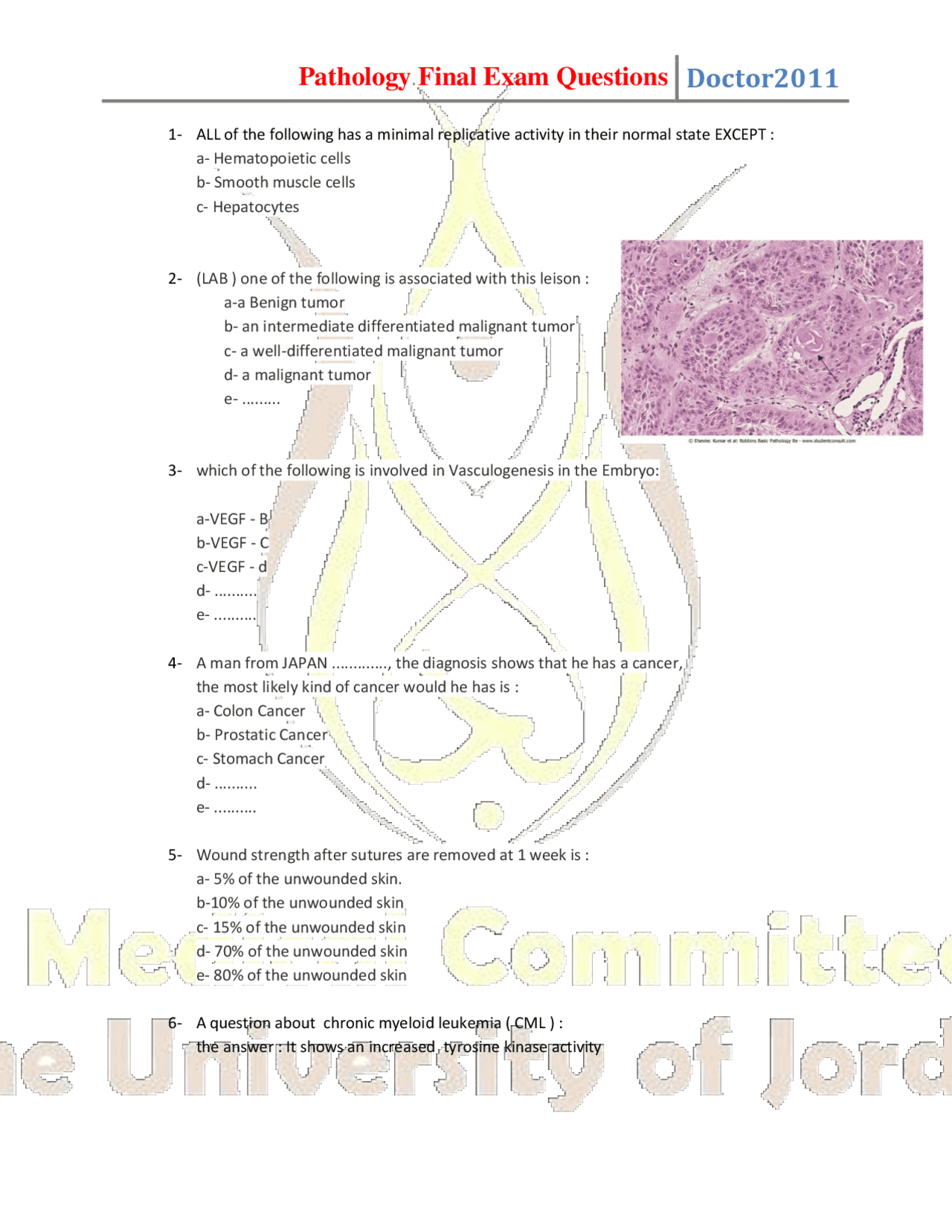 Pathology Final Exam Questions Doctor2011 | Summaries Pathology | Docsity