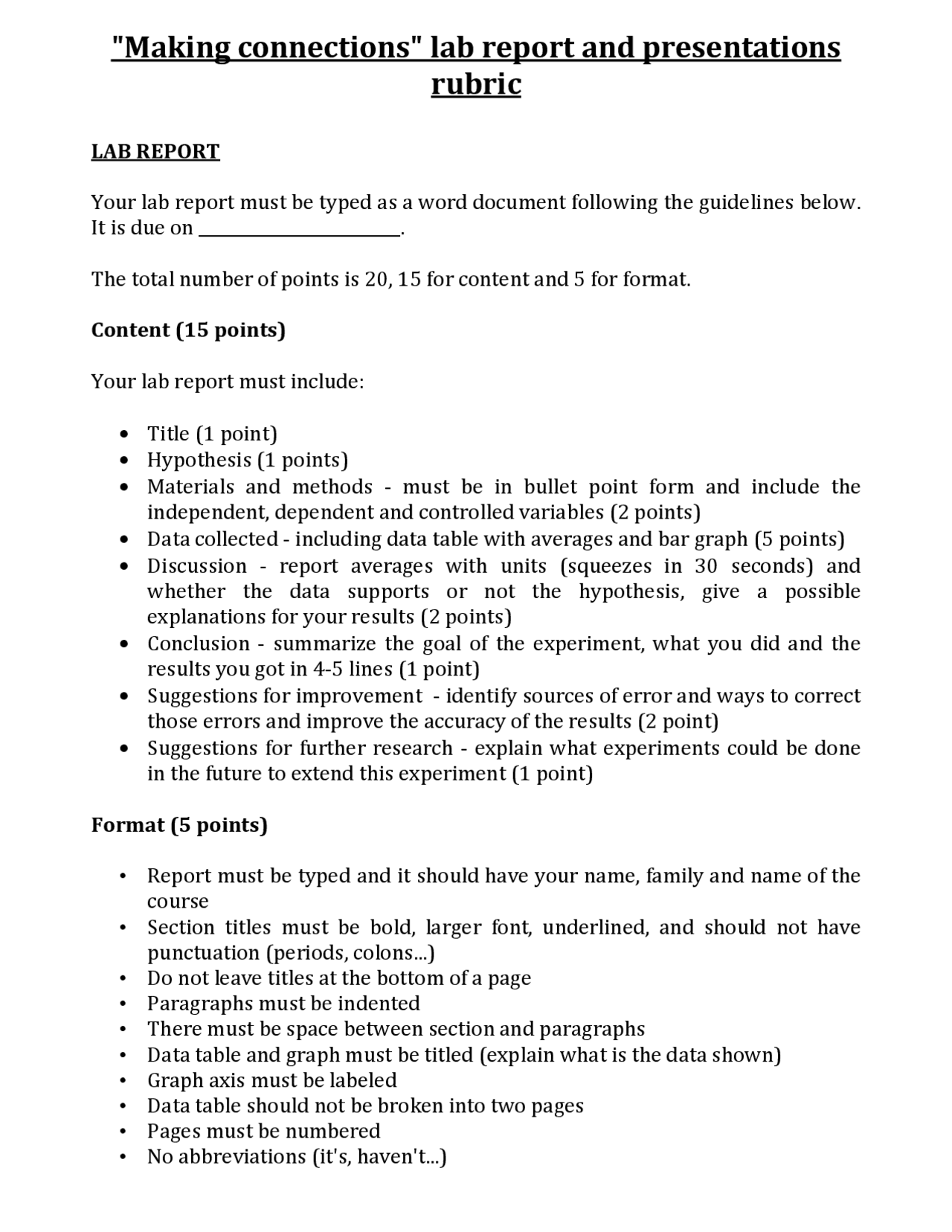 Making Connections Lab Report And Presentations Rubric Lecture