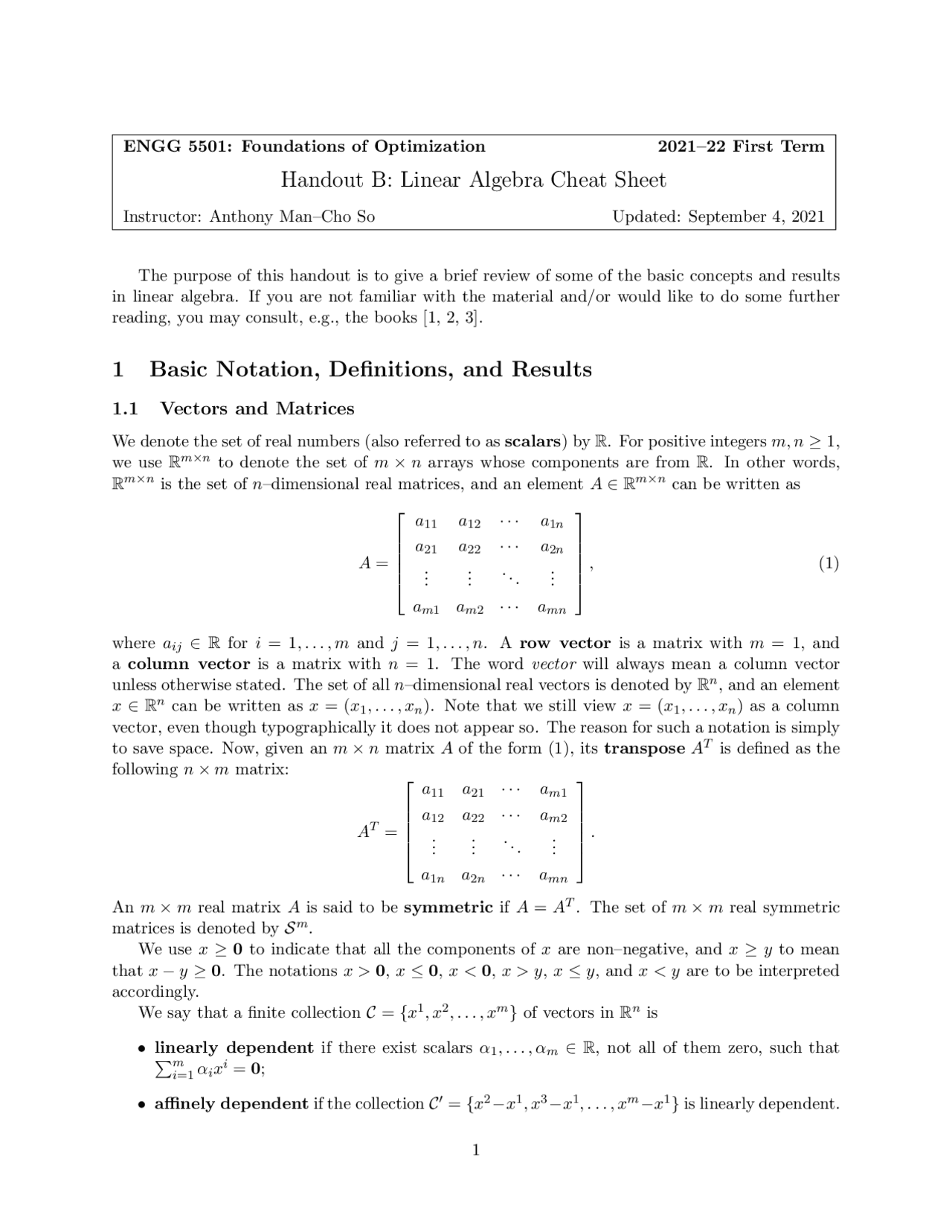 Linear Algebra Cheat Sheet 1 Basic Notation, Definitions, and ...