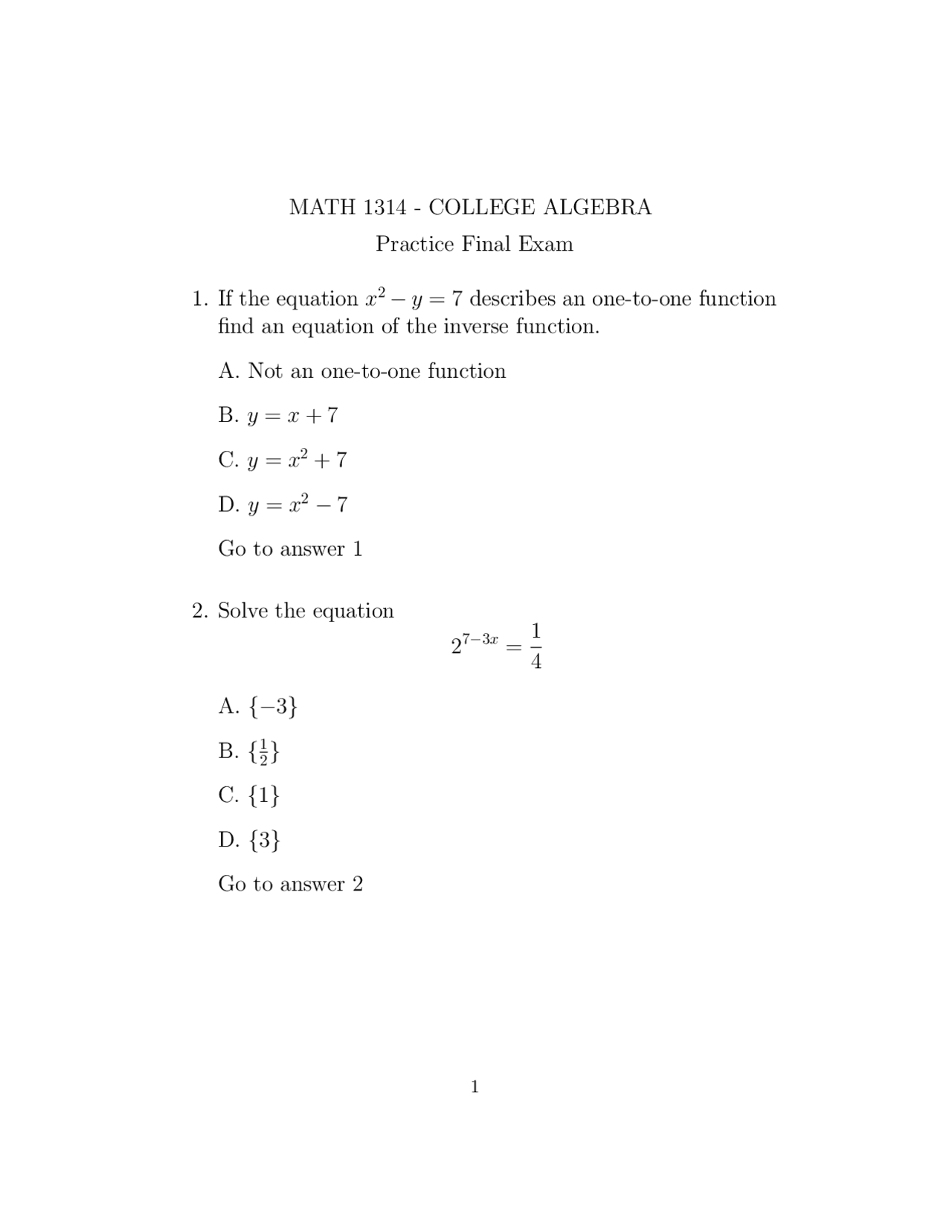 COLLEGE ALGEBRA Practice Final Exam 1. If the equation x2 | Slides ...