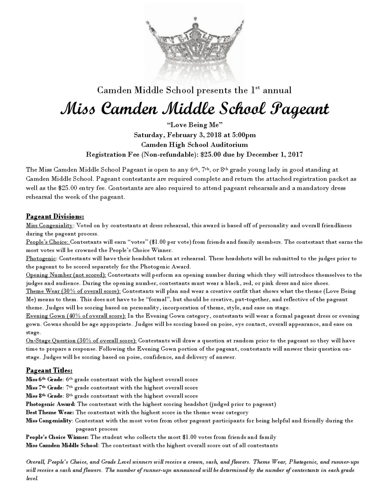 Miss Camden Middle School Pageant | Lecture notes School management ...