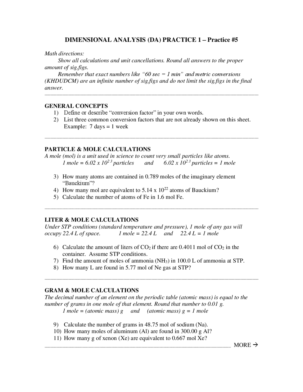 DIMENSIONAL ANALYSIS PRACTICE #1 | Study notes Dimensional Analysis ...