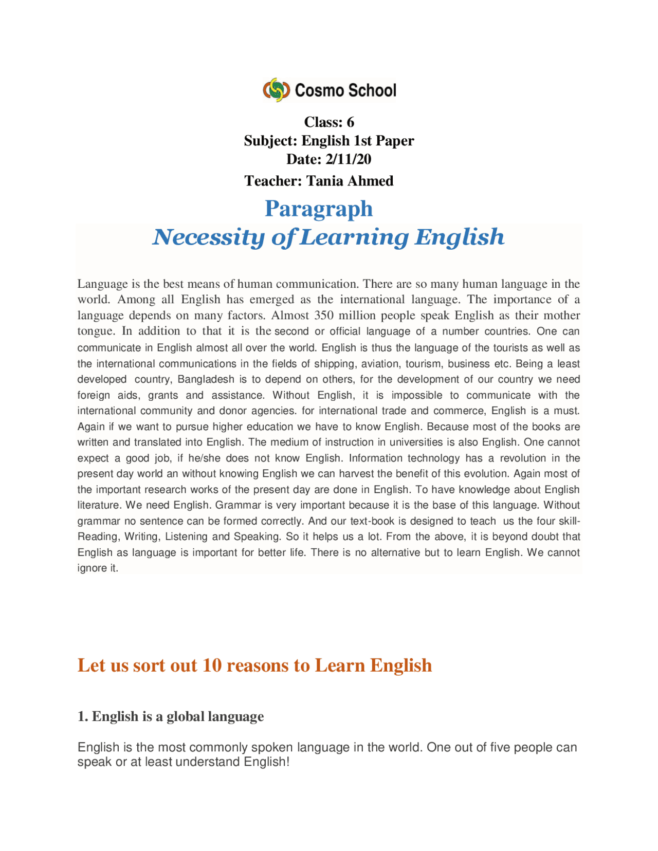 Paragraph | Exercises English | Docsity