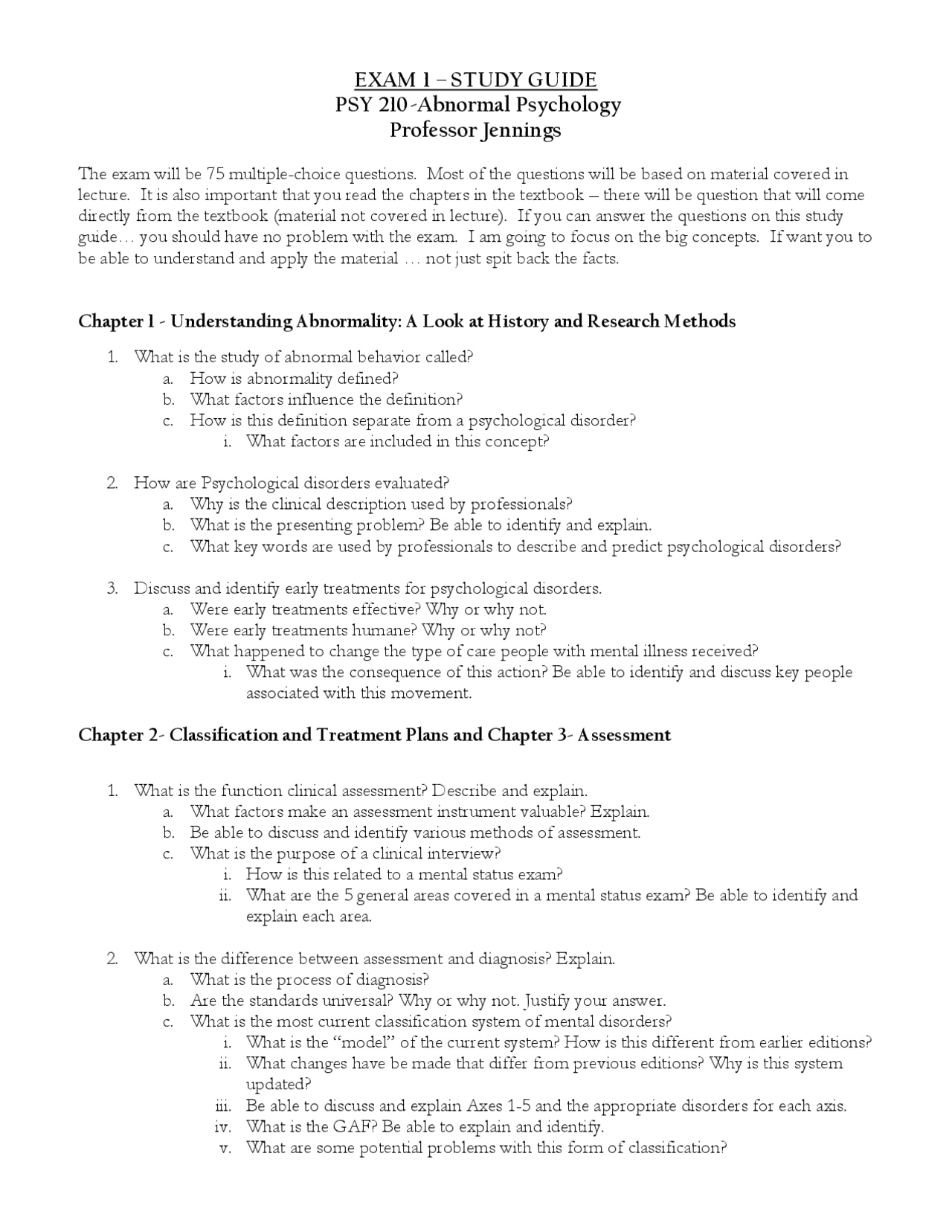 EXAM 1 – STUDY GUIDE PSY 210-Abnormal Psychology | Lecture notes ...