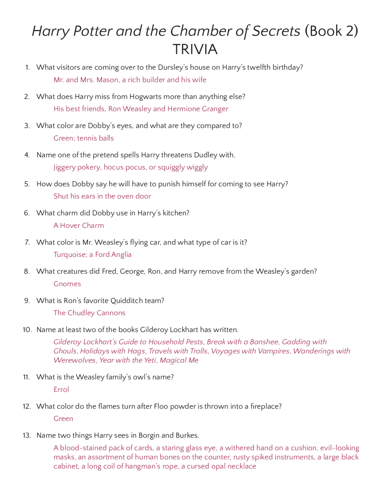 Harry Potter and the Chamber of Secrets (Book 2) TRIVIA | Lecture notes ...