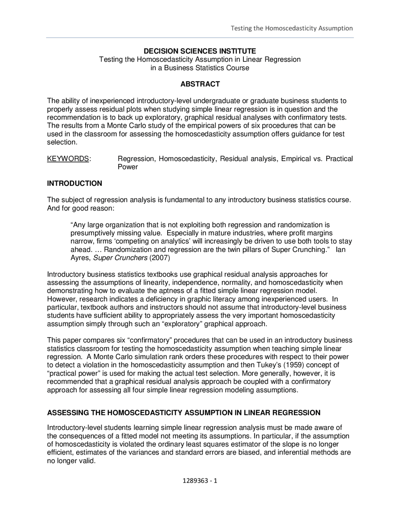 Testing the Homoscedasticity Assumption | Lecture notes Business ...
