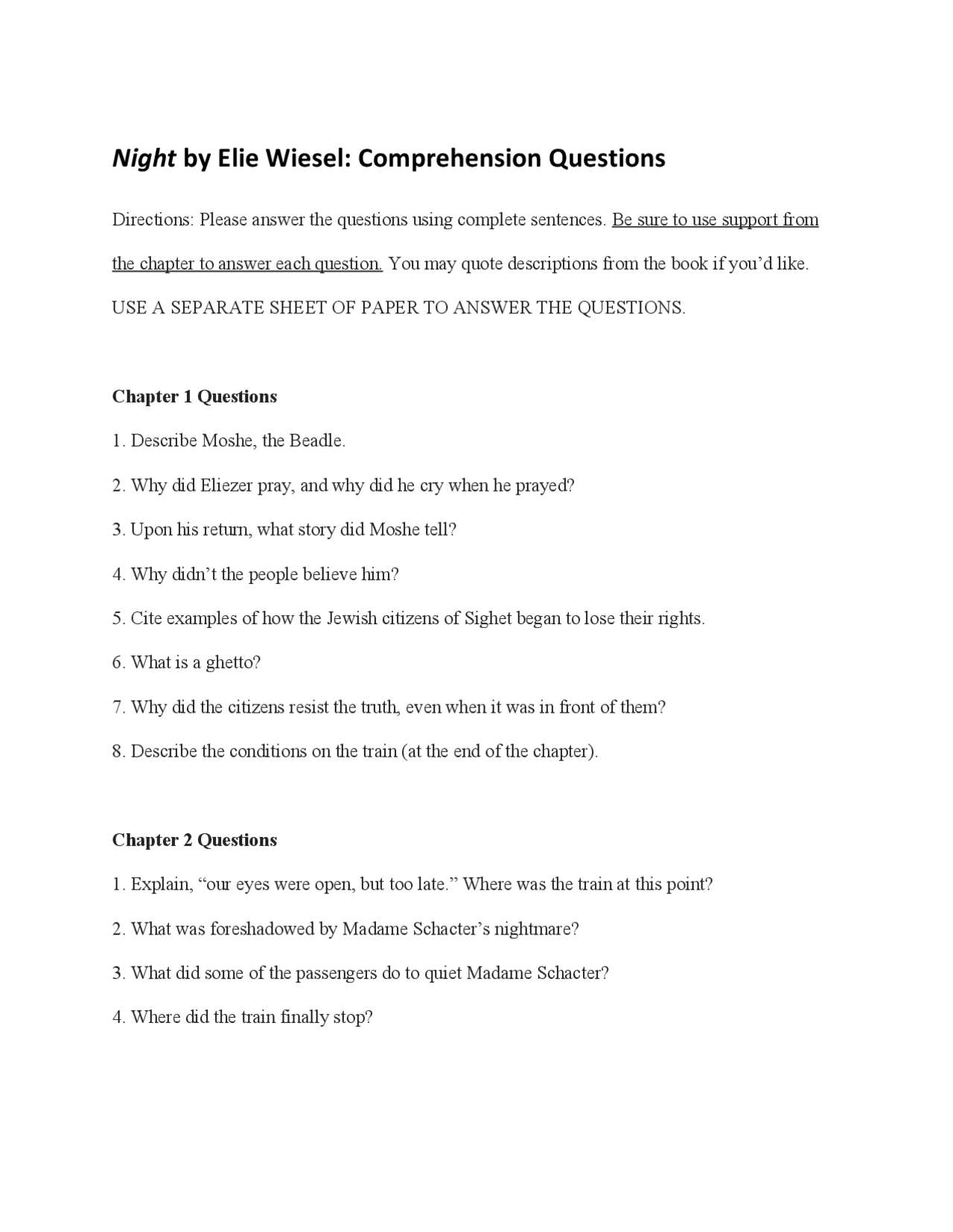 Night by Elie Wiesel: Comprehension Questions | Lecture notes Music ...
