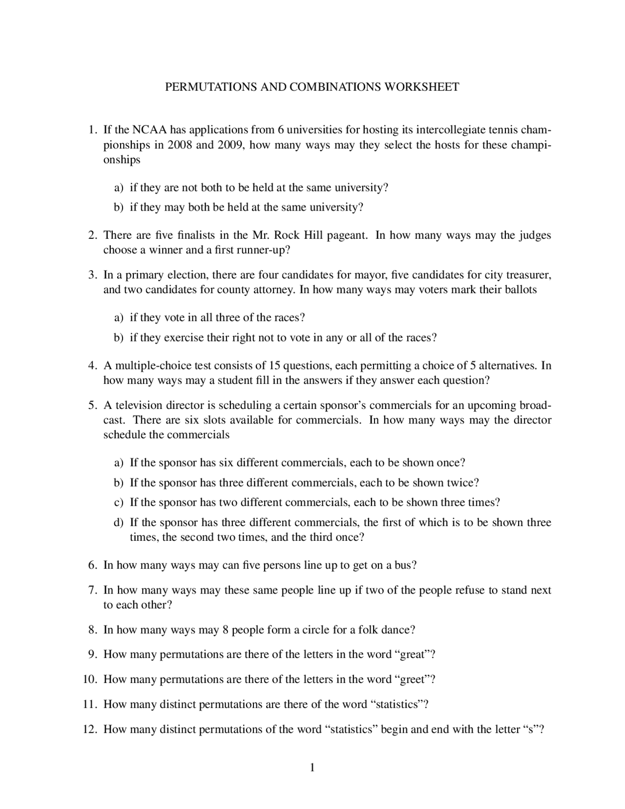 Permutations And Combinations Worksheet Lecture Notes Statistics