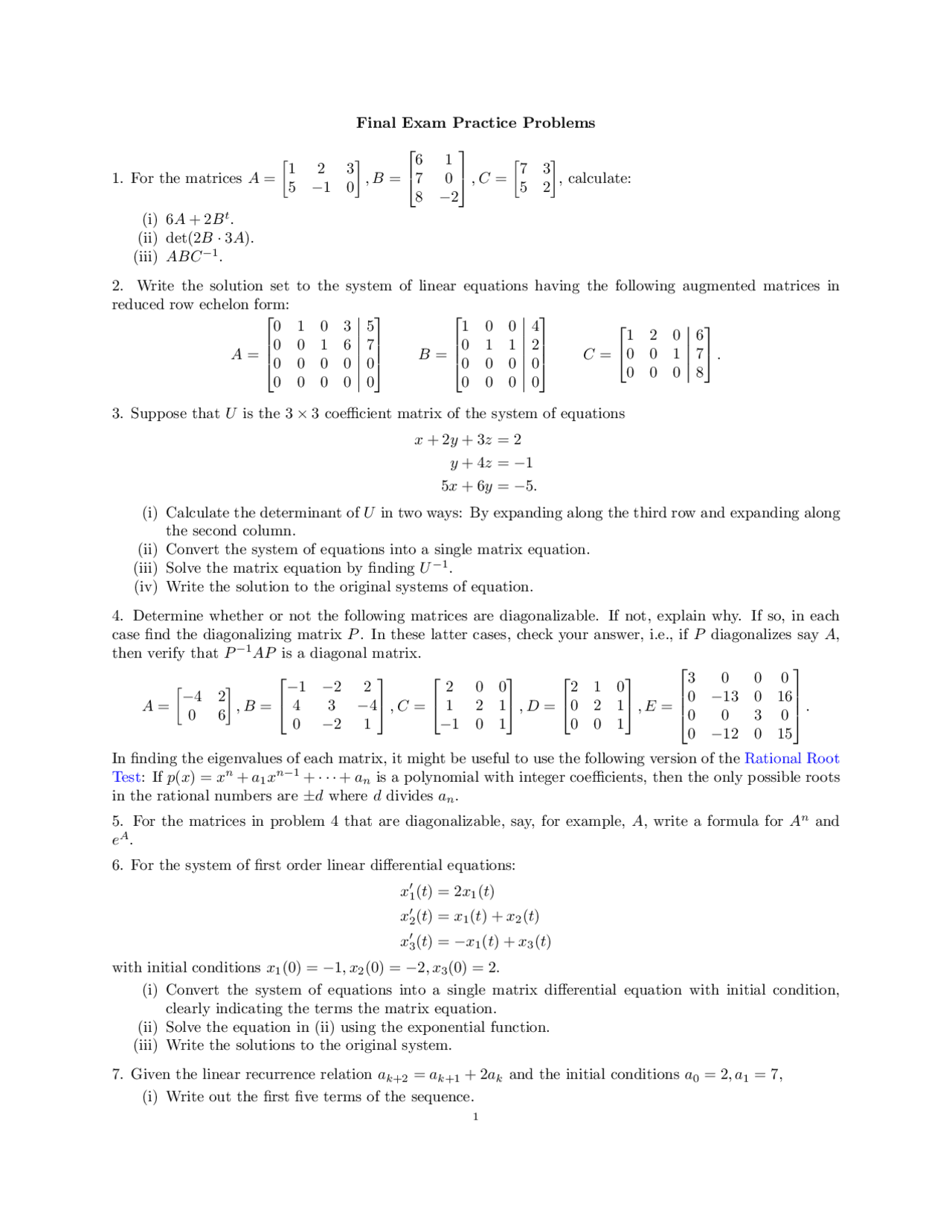Final Exam Practice Problems 1. For the matrices A = [1 2 3 5 | Lecture ...