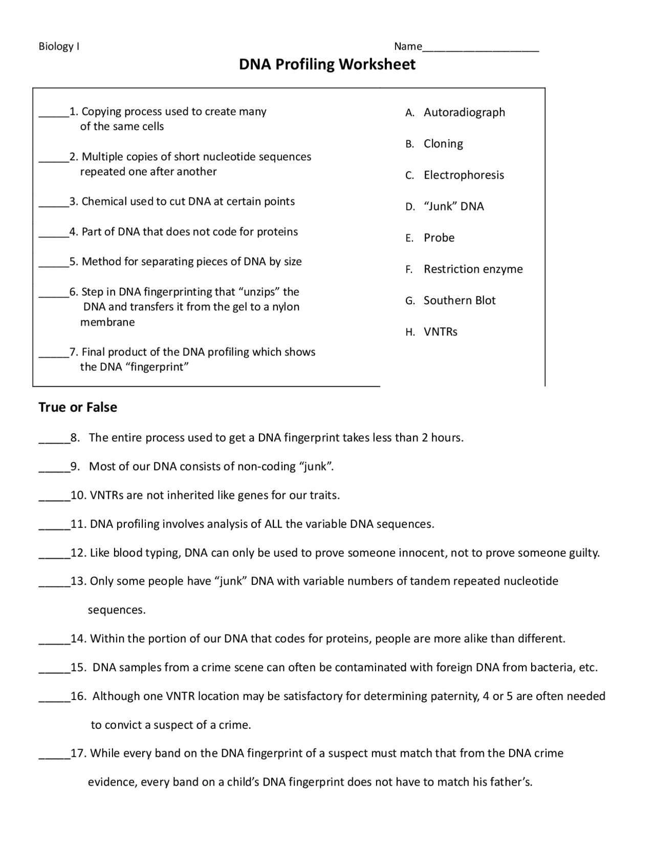 DNA Profiling Worksheet | Apuntes Biología | Docsity