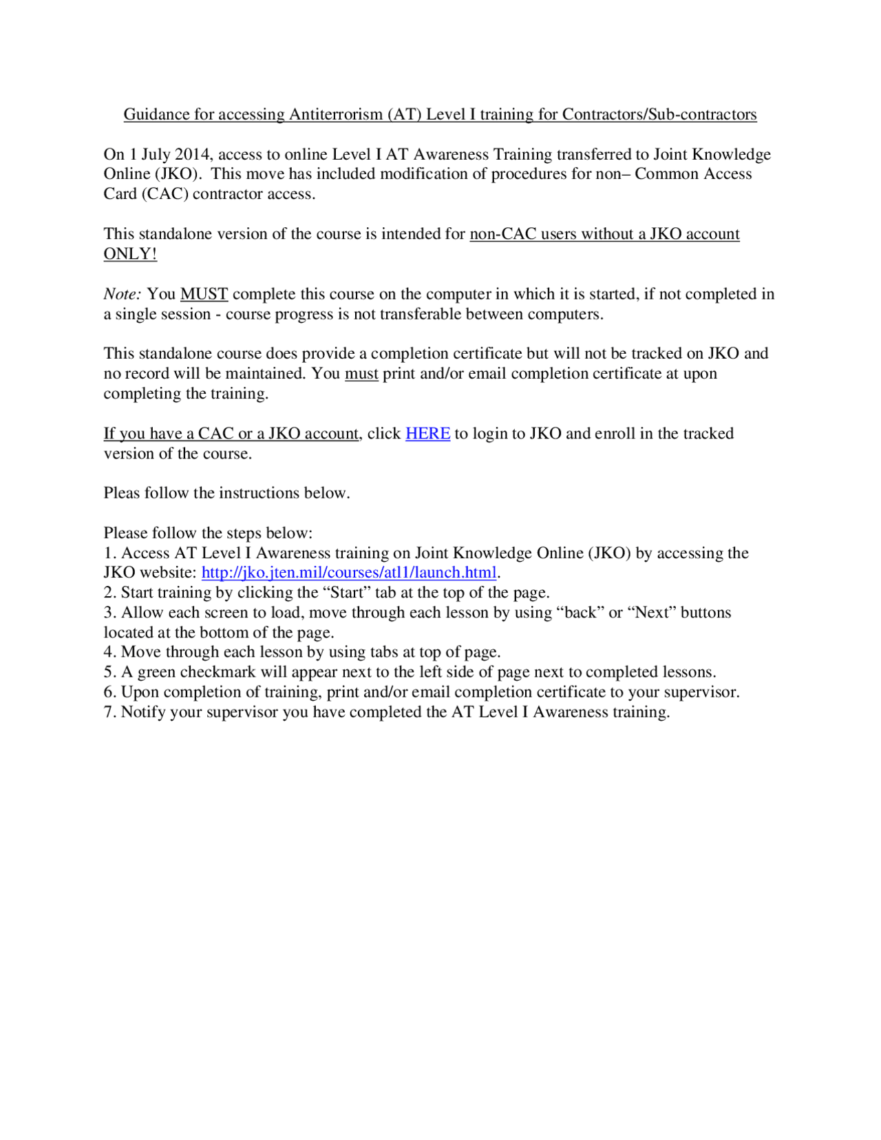 Accessing Antiterrorism Level I Training for Non-CAC Contractors: A ...