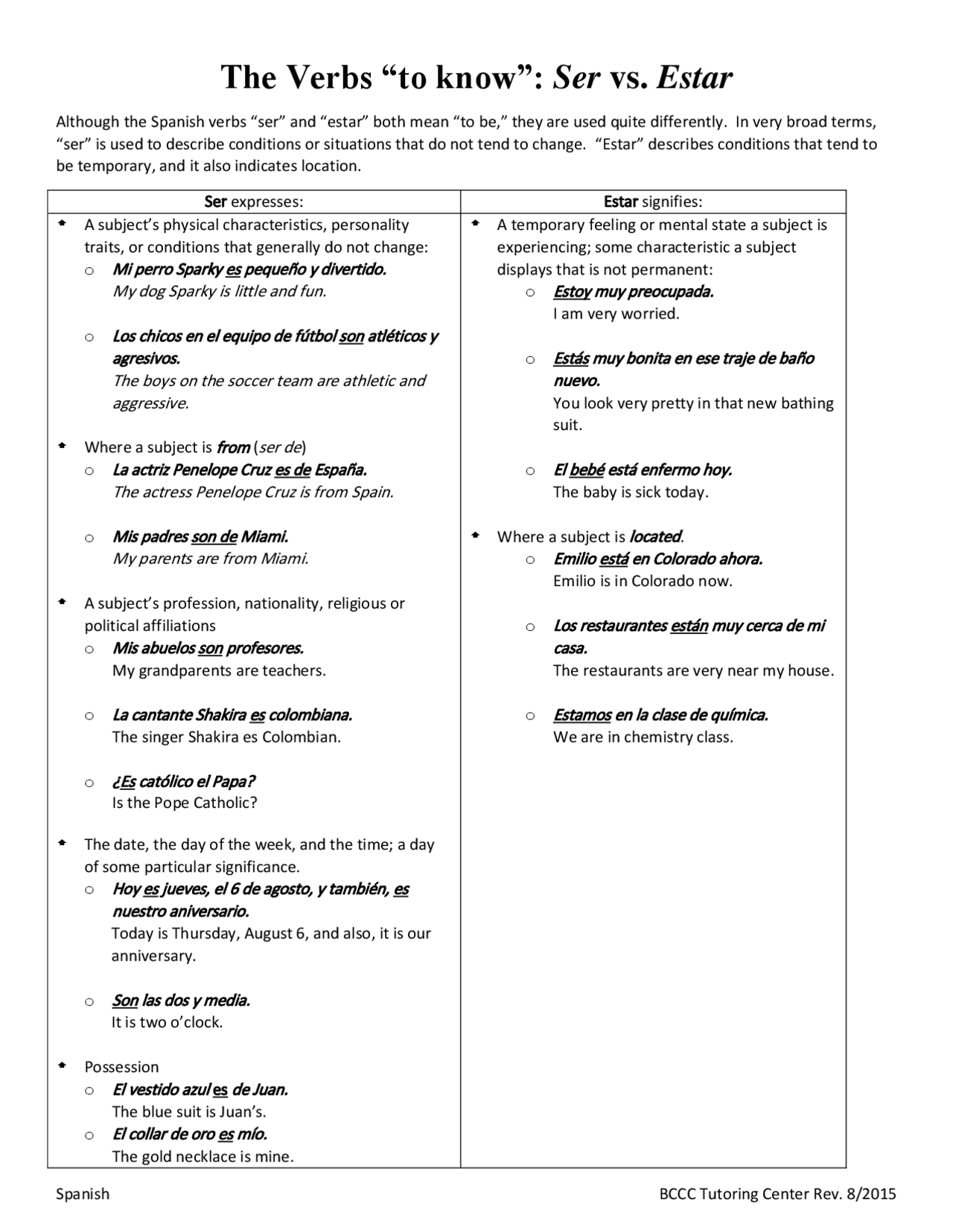 The Verbs To Know” Ser Vs Estar Lecture Notes Spanish Docsity
